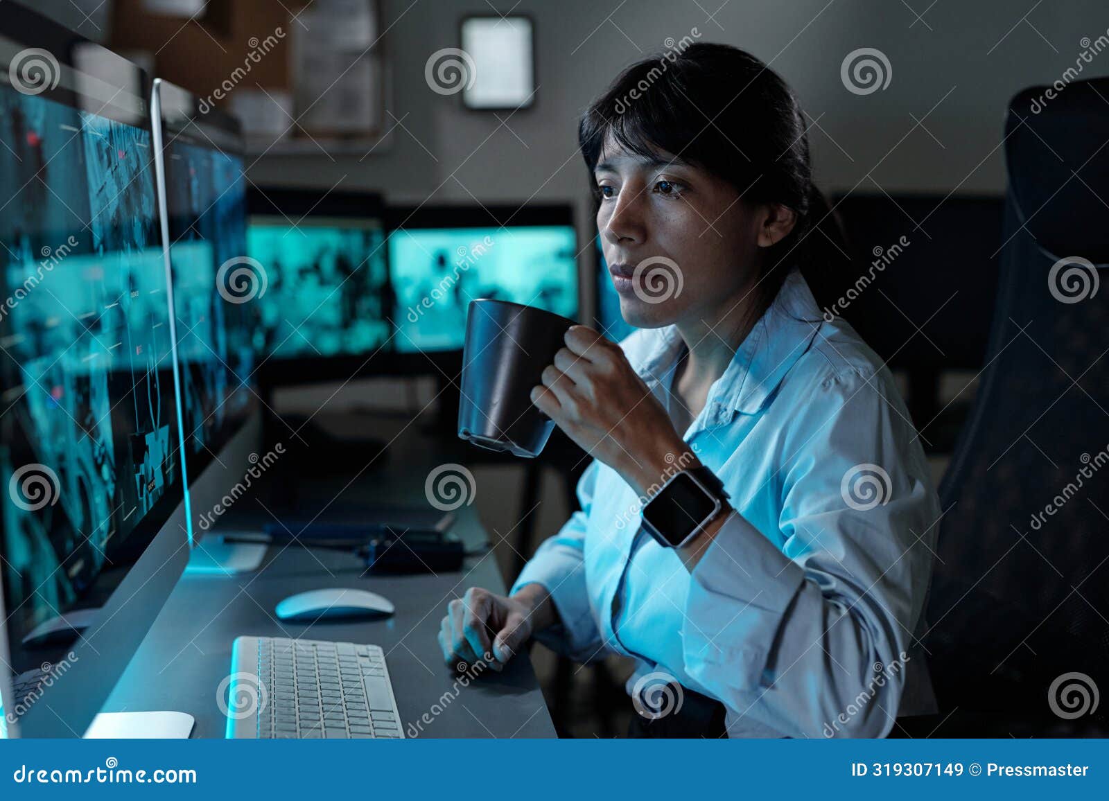 Young Security Guard with Cup of Coffee Stock Image - Image of system ...
