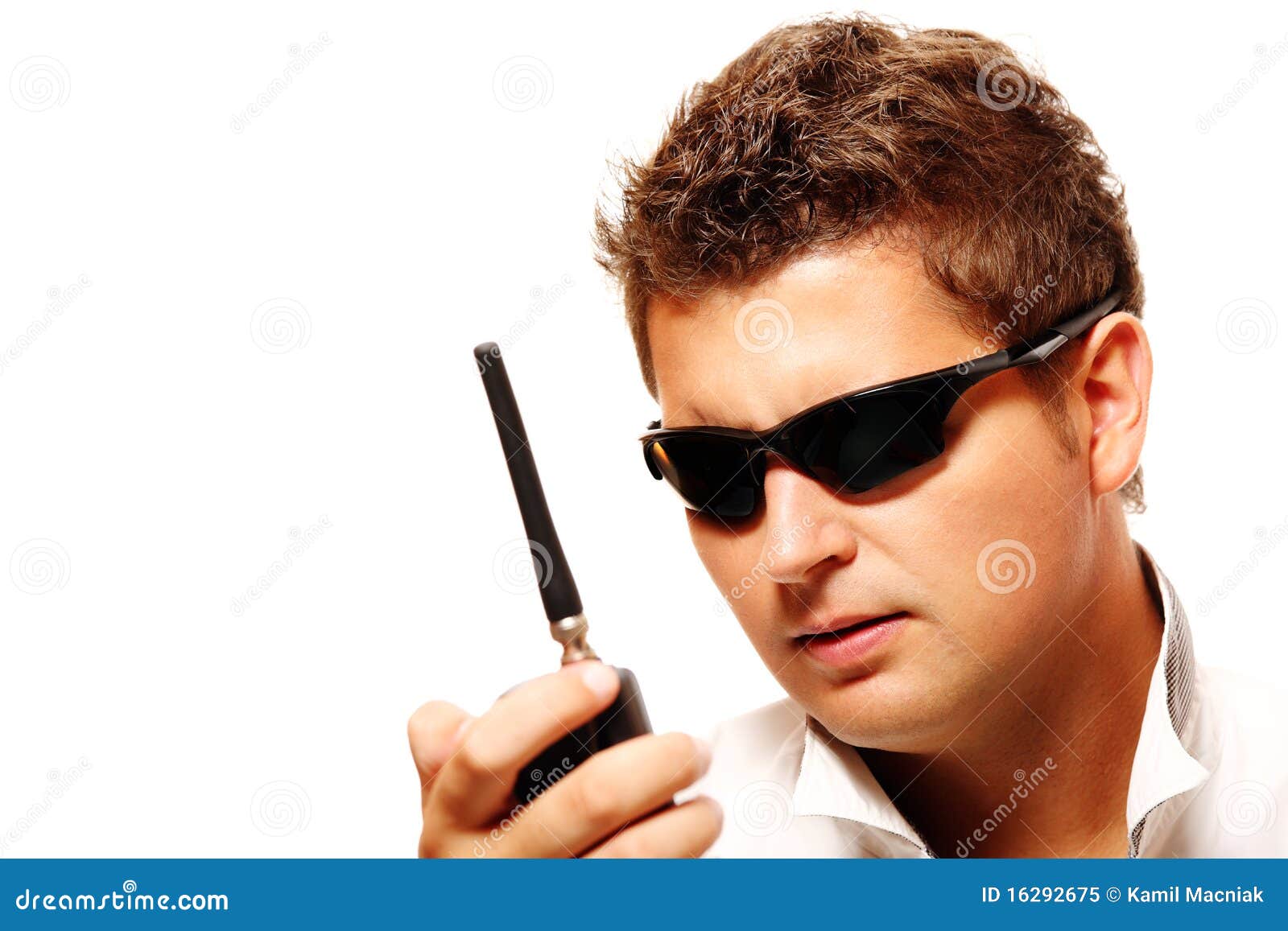 Young Security Man with Radio Transmitter Stock Image - Image of white ...