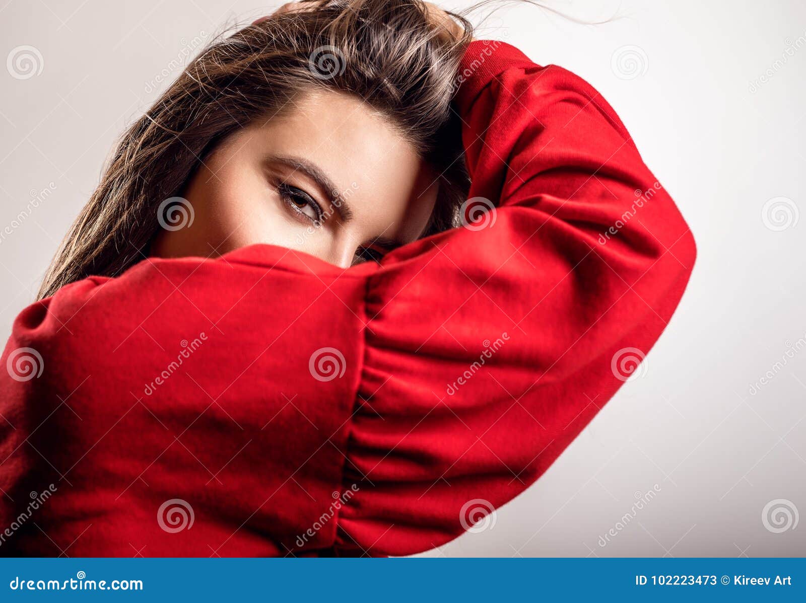 Young Sensual Model Woman in Red Pose in Studio. Stock Image - Image of ...