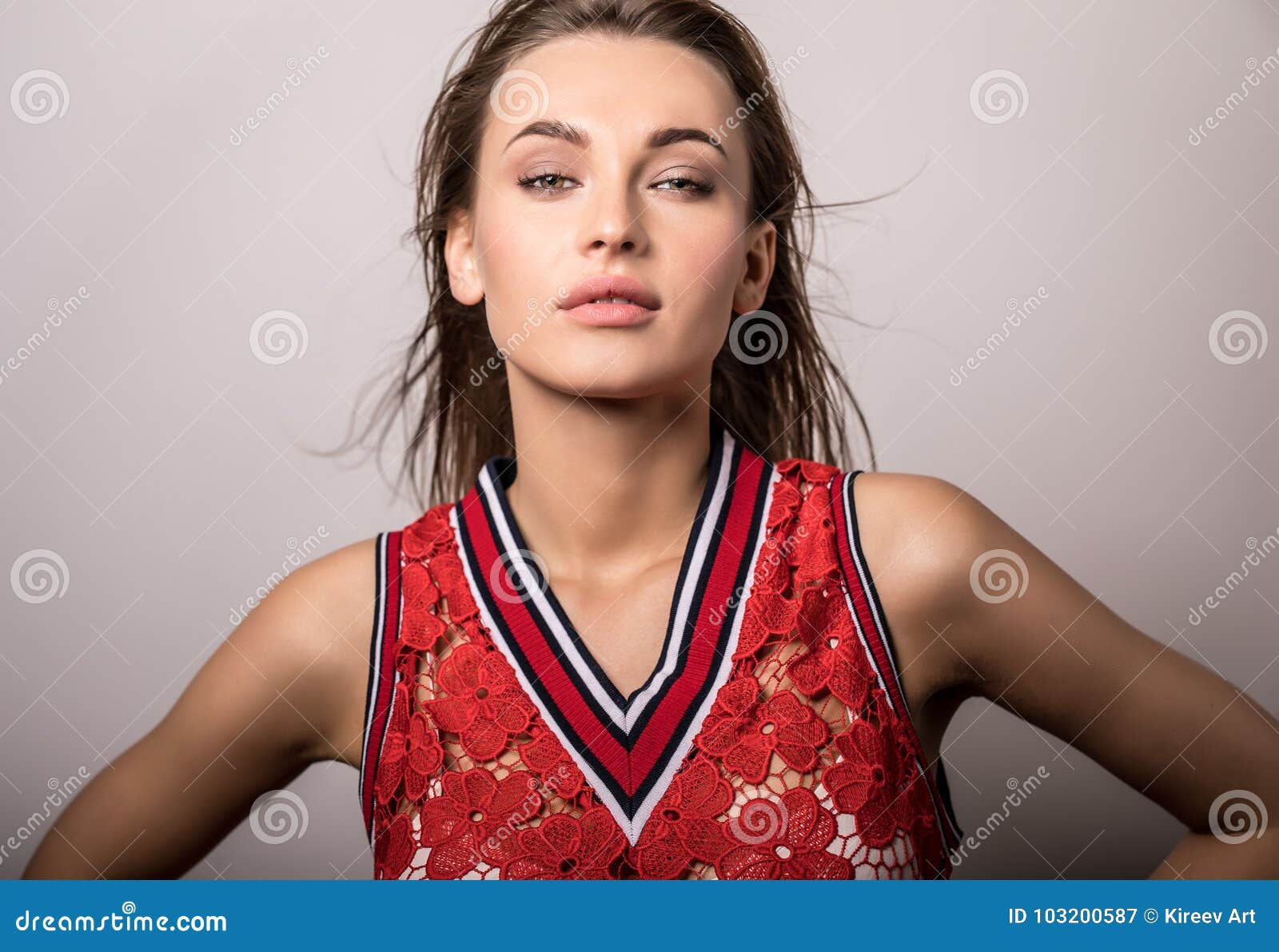 Young Sensual Model Woman in Red Pose in Studio. Stock Image - Image of ...