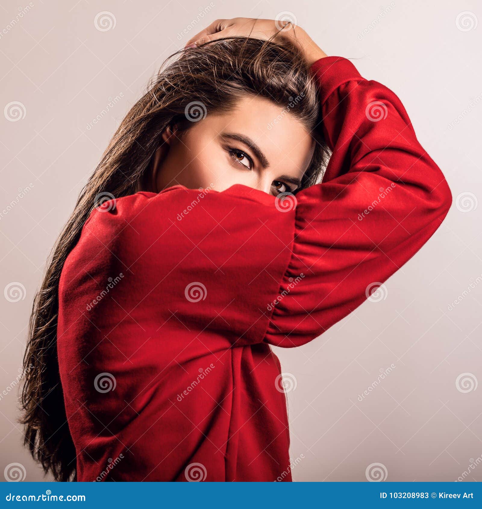Young Sensual Model Woman in Red Pose in Studio. Stock Image - Image of ...