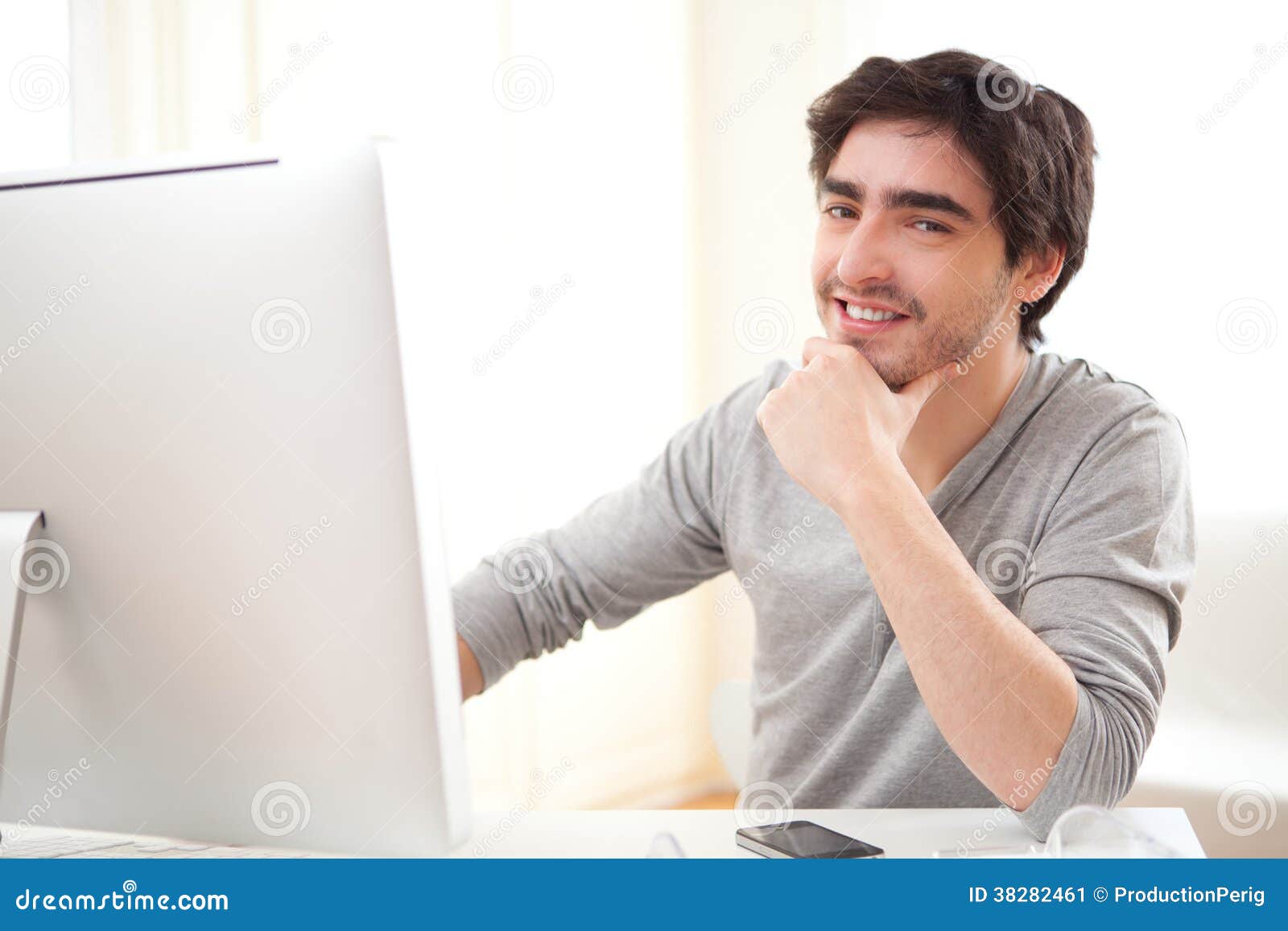 Young Serious Man in Front of Computer Stock Image - Image of mail ...