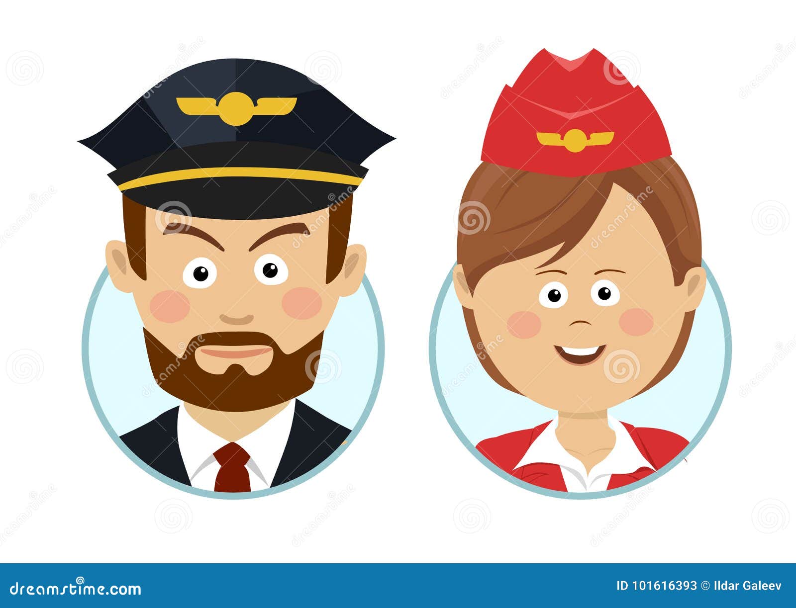 Young Serious Pilot and Beautiful Stewardess Avatars Stock Vector ...