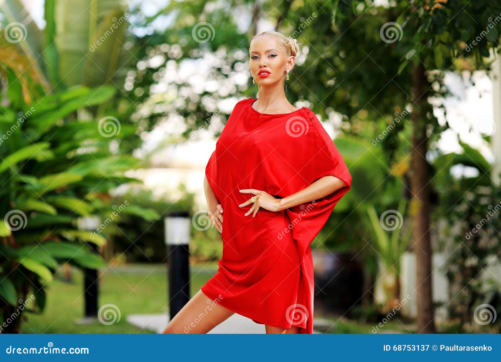 Young Blonde Woman In Red Dress Posing Outdoor Stock Image Image Of