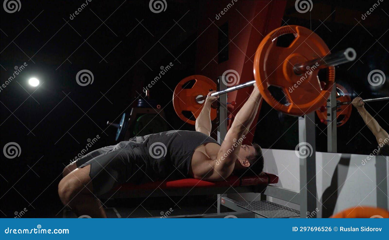 Young Shirtless Bodybuilder Doing Bench Press for Chest. Strong Press ...