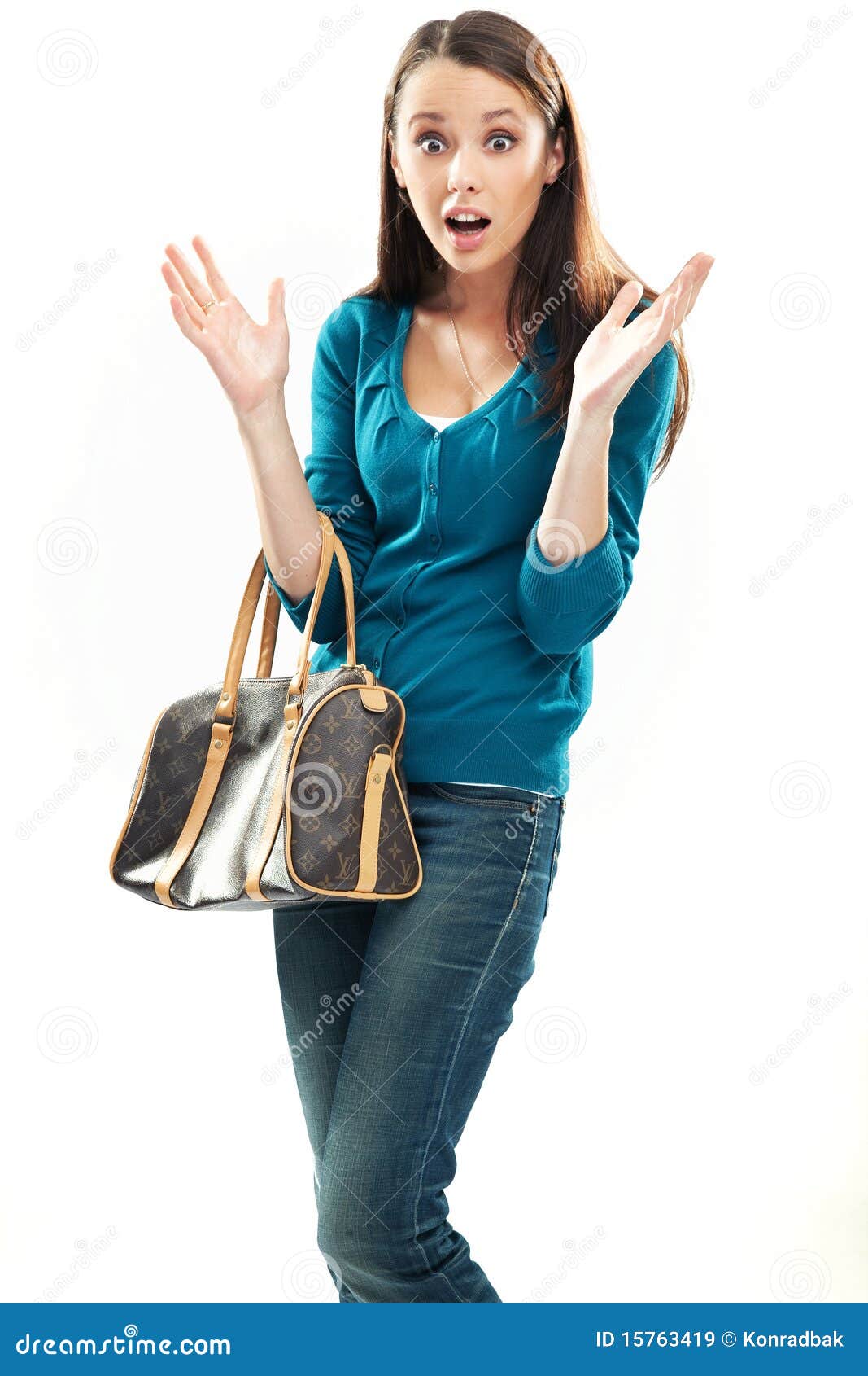 Young Shocked Brunette Shopping Isolated on White Stock Image - Image ...