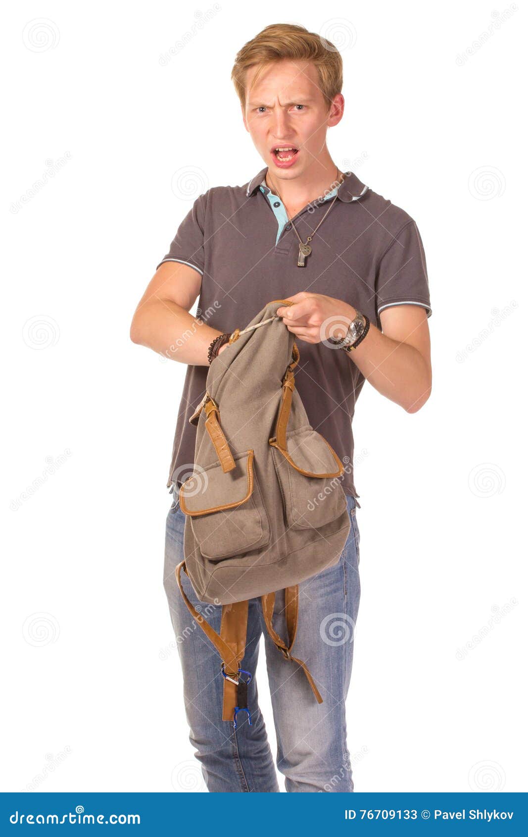 Young Shocked Student Opening His Backpack. Stock Image - Image of ...
