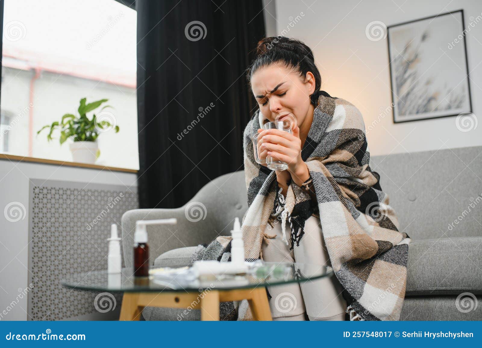 Young Sick Woman Sitting on Sofa at Home. Stock Image - Image of people ...