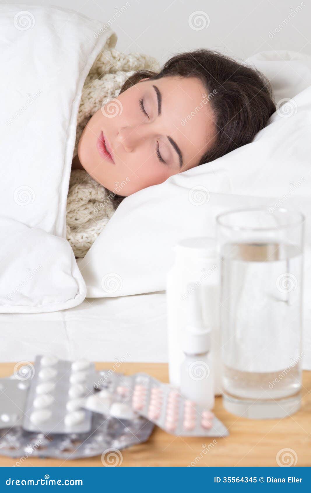 Young Sick Woman Sleeping and Pills on the Table Stock Image - Image of ...