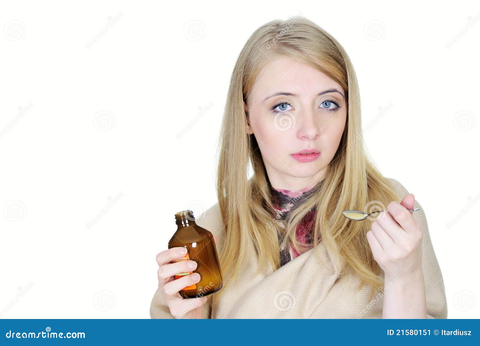 Young Sick Woman Taking Syrup Stock Image - Image of serene, face: 21580151