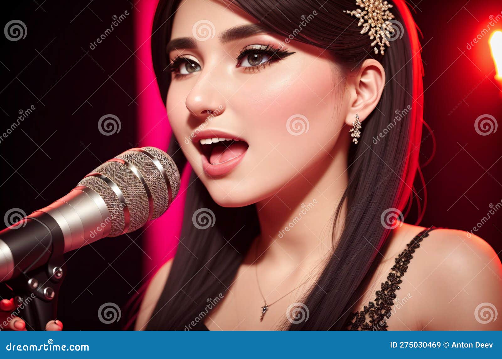 A Young Singer Sings a Song into a Microphone on Stage. Generative AI ...