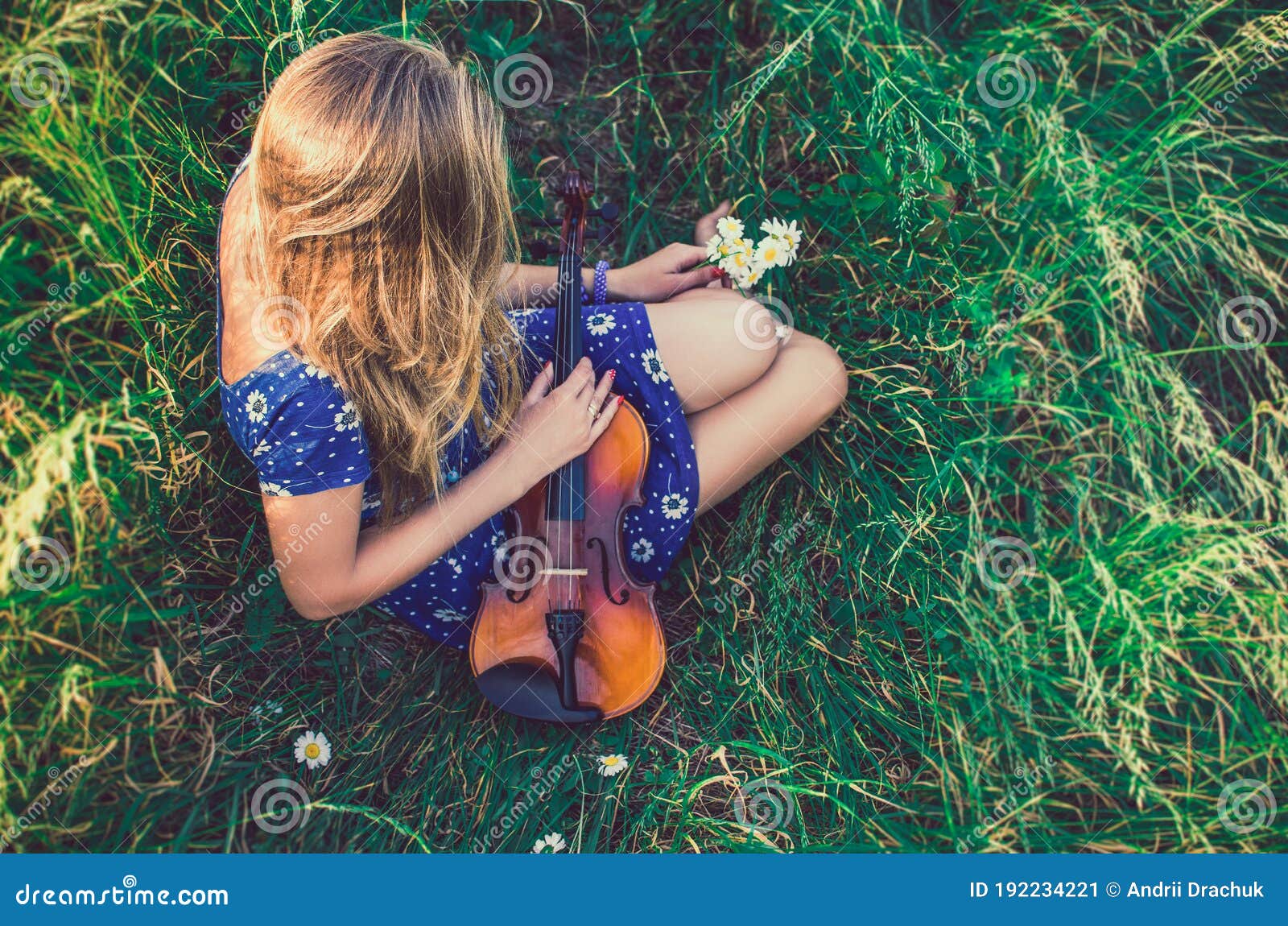 Woman Sit In Tall Grass And Hugs Violin Stock Image Image Of Lady