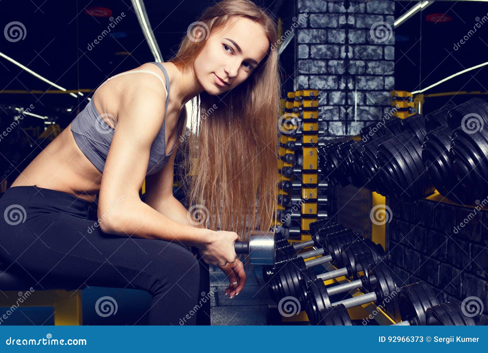Young Slim Girl Doing Biceps Curl With Dumbbells Stock Image Image Of