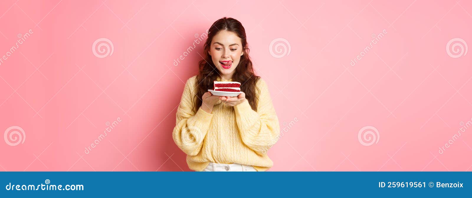 Young Slim Girl Lick Her Lips From Temptation Looking At Delicious Piece Of Cake With Yearning
