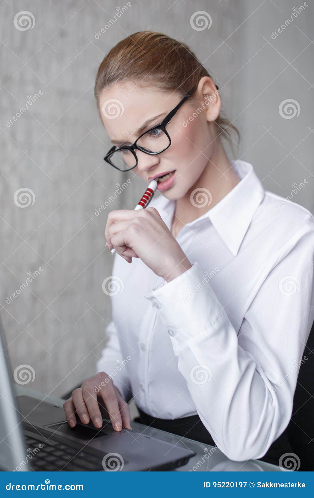 Young Smart Businesswoman Bite Pen Have Problems Stock Image - Image of ...