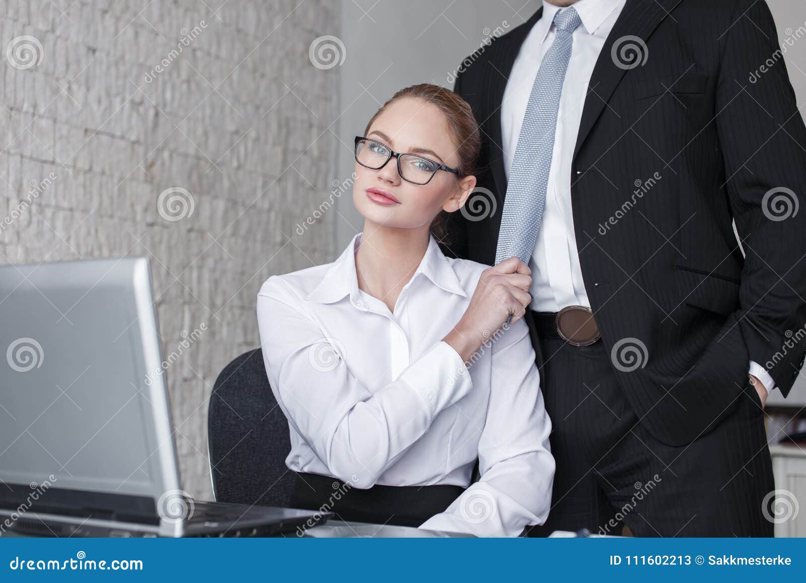 Young Secretary Pulling Boss by Tie in Office Stock Image - Image of ...