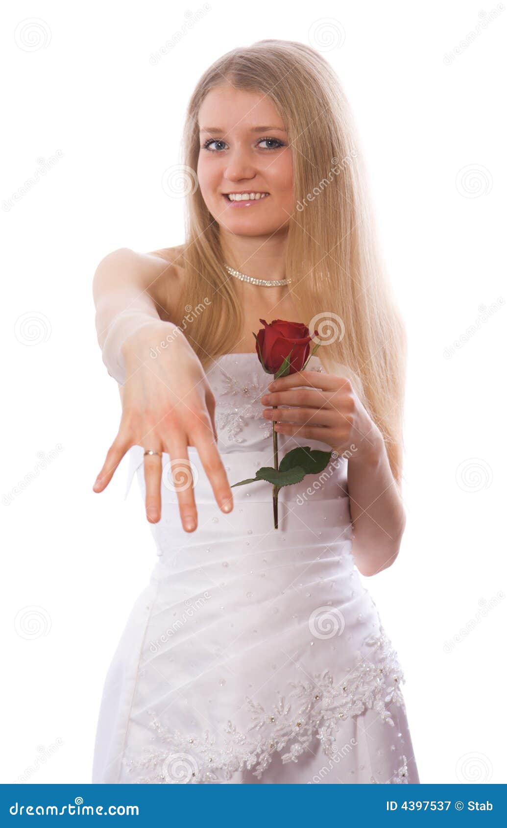 Young Smiling Bride with Rose Show Ring on Hand Stock Image - Image of ...