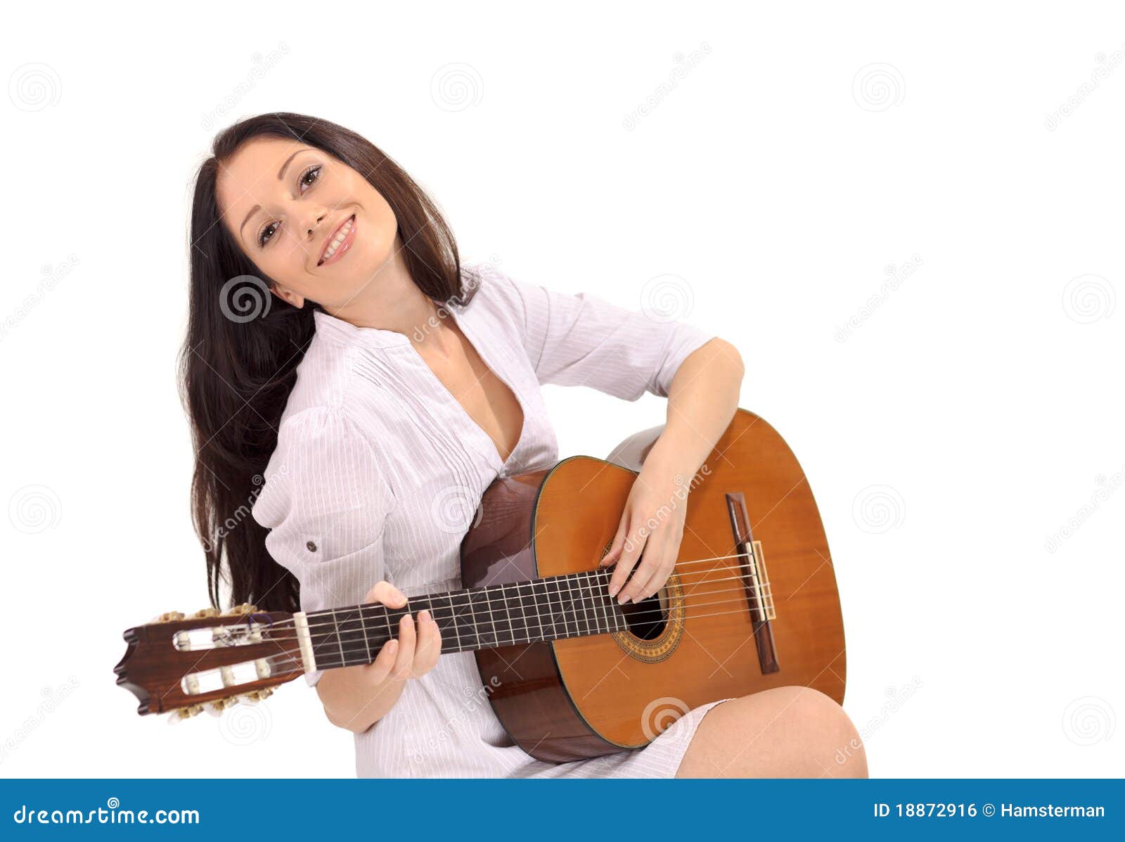Young Smiling Brunette Lady Playing Guitar Stock Photo - Image of ...