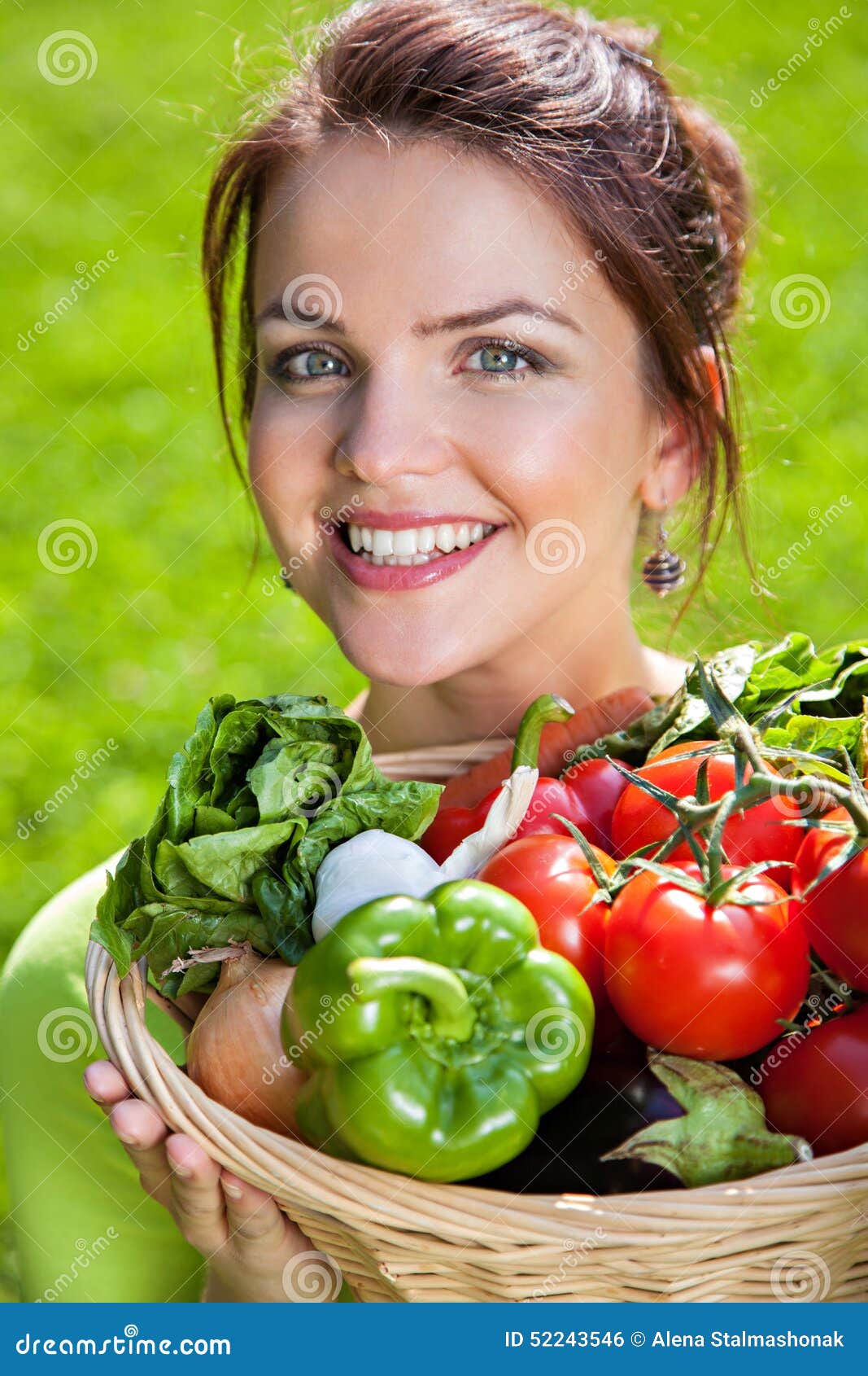 Young Smiling Brunette Woman With Variety Of Fresh Vegetables Stock