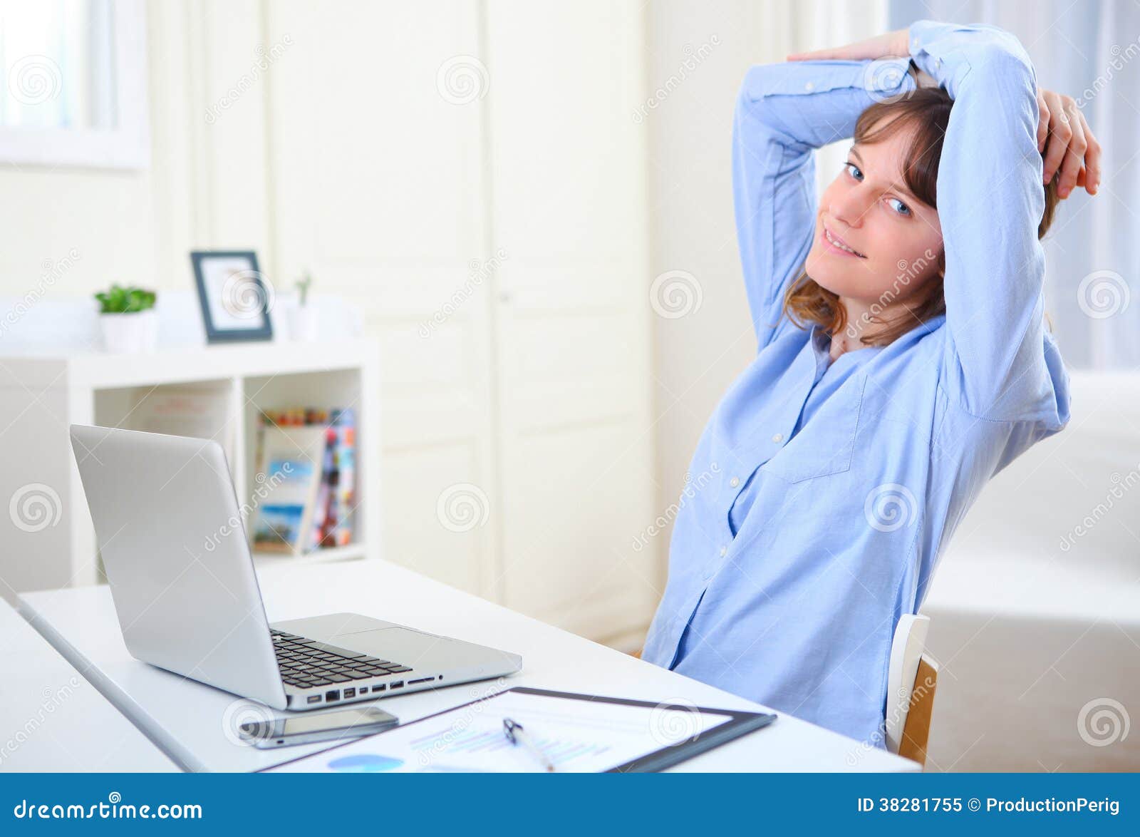 Young Smiling Business Woman Relaxing at Work Stock Image - Image of ...