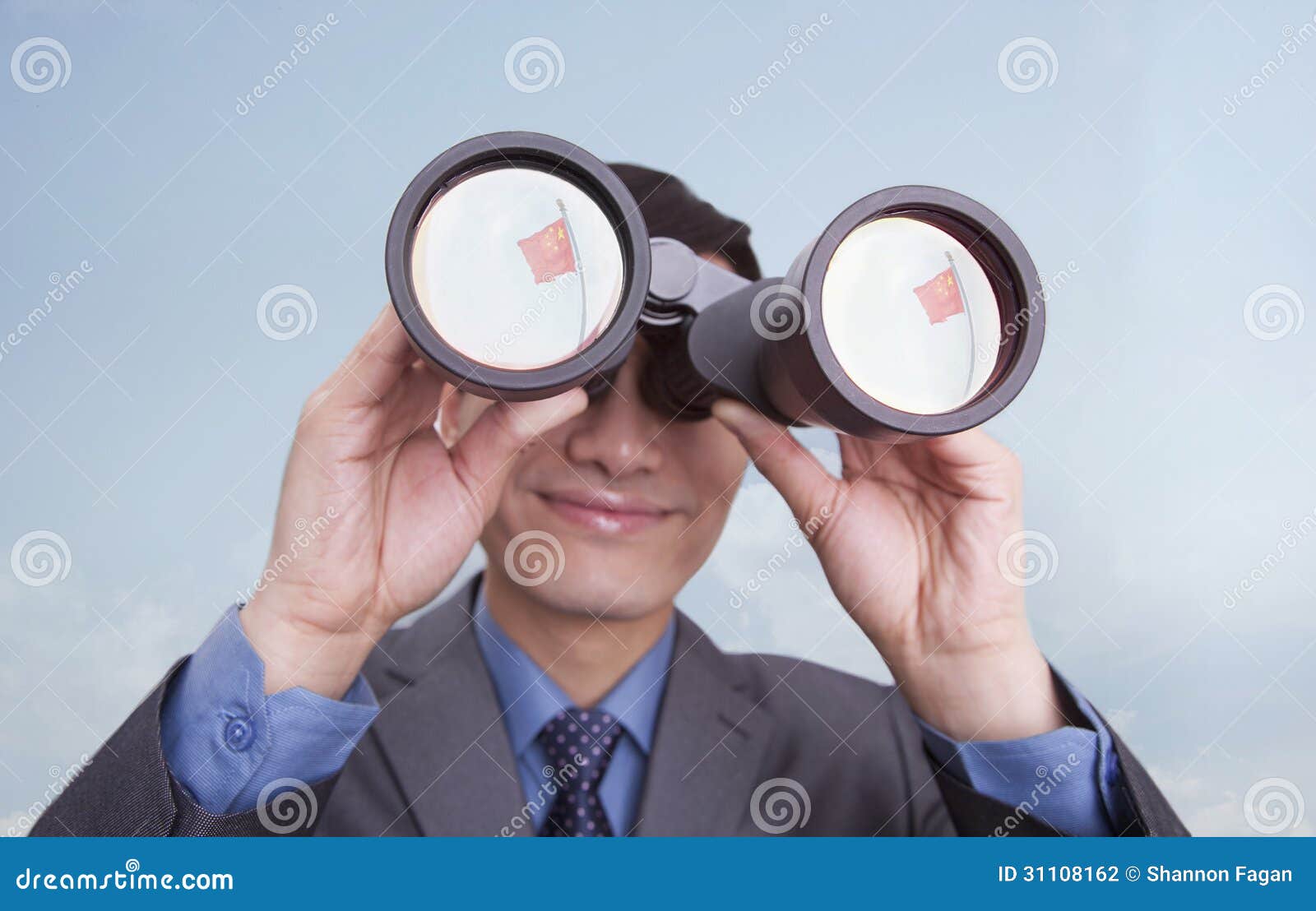 Young Smiling Businessman Looking through Binoculars, Reflection of ... Young Smiling Businessman Looking through Binoculars, Reflection of ...