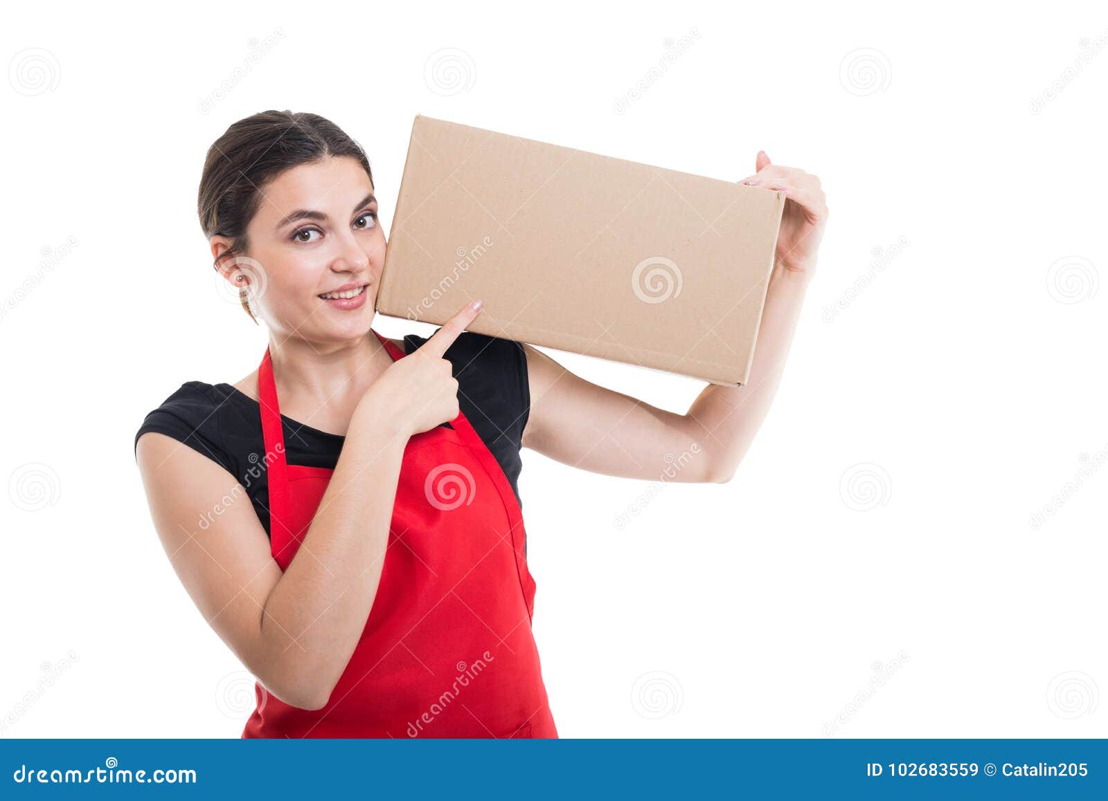 Young Smiling Employee Pointing Finger At Moving Box Royalty-Free Stock ...