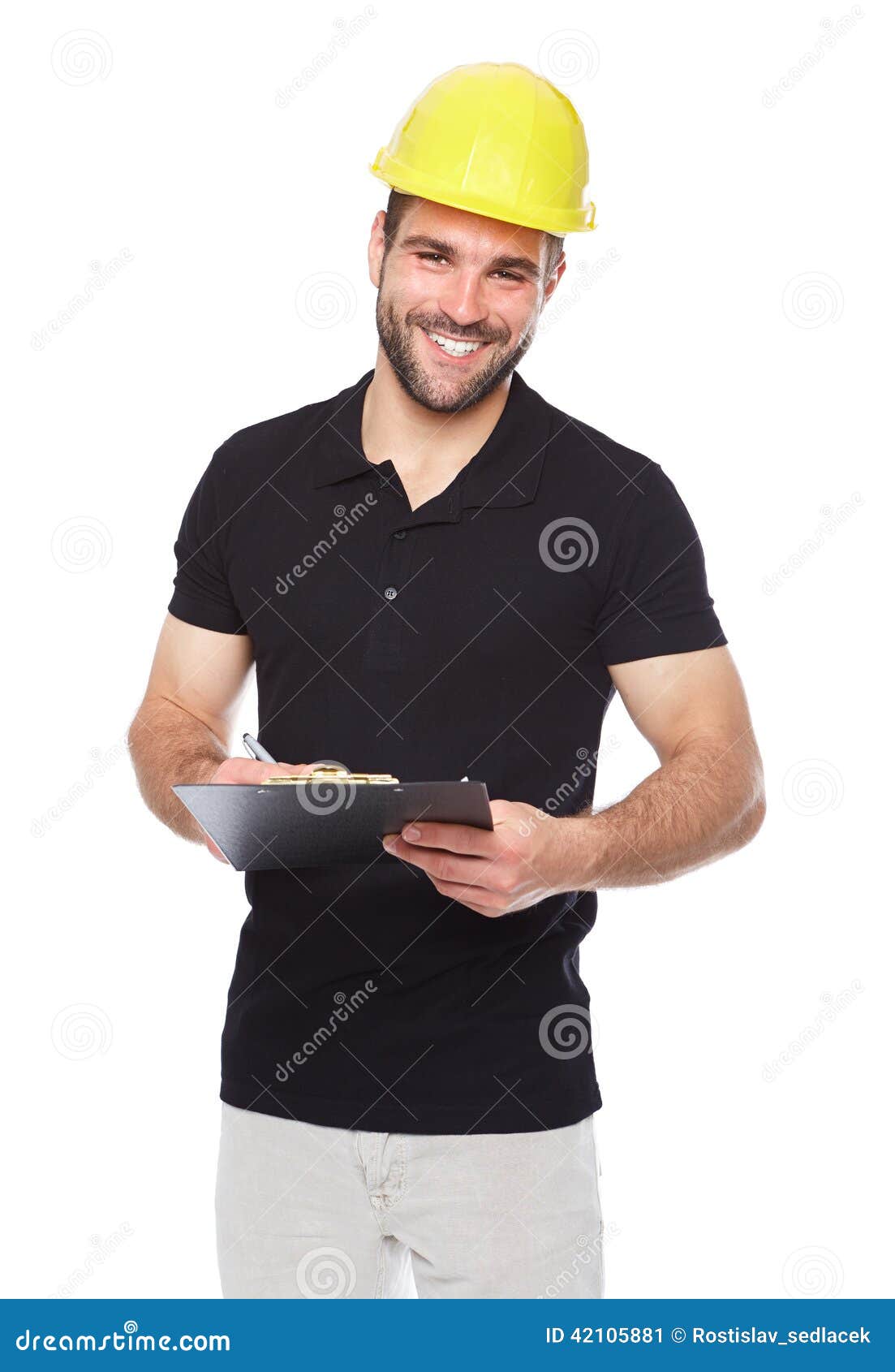 Young Smiling Engineer Writes on a Black Folder Stock Image - Image of ...
