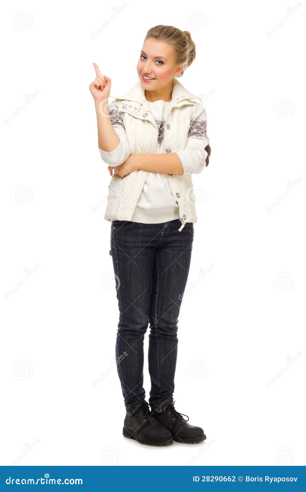 Young Smiling Girl Shows Pointing Gesture Stock Photo - Image of ...