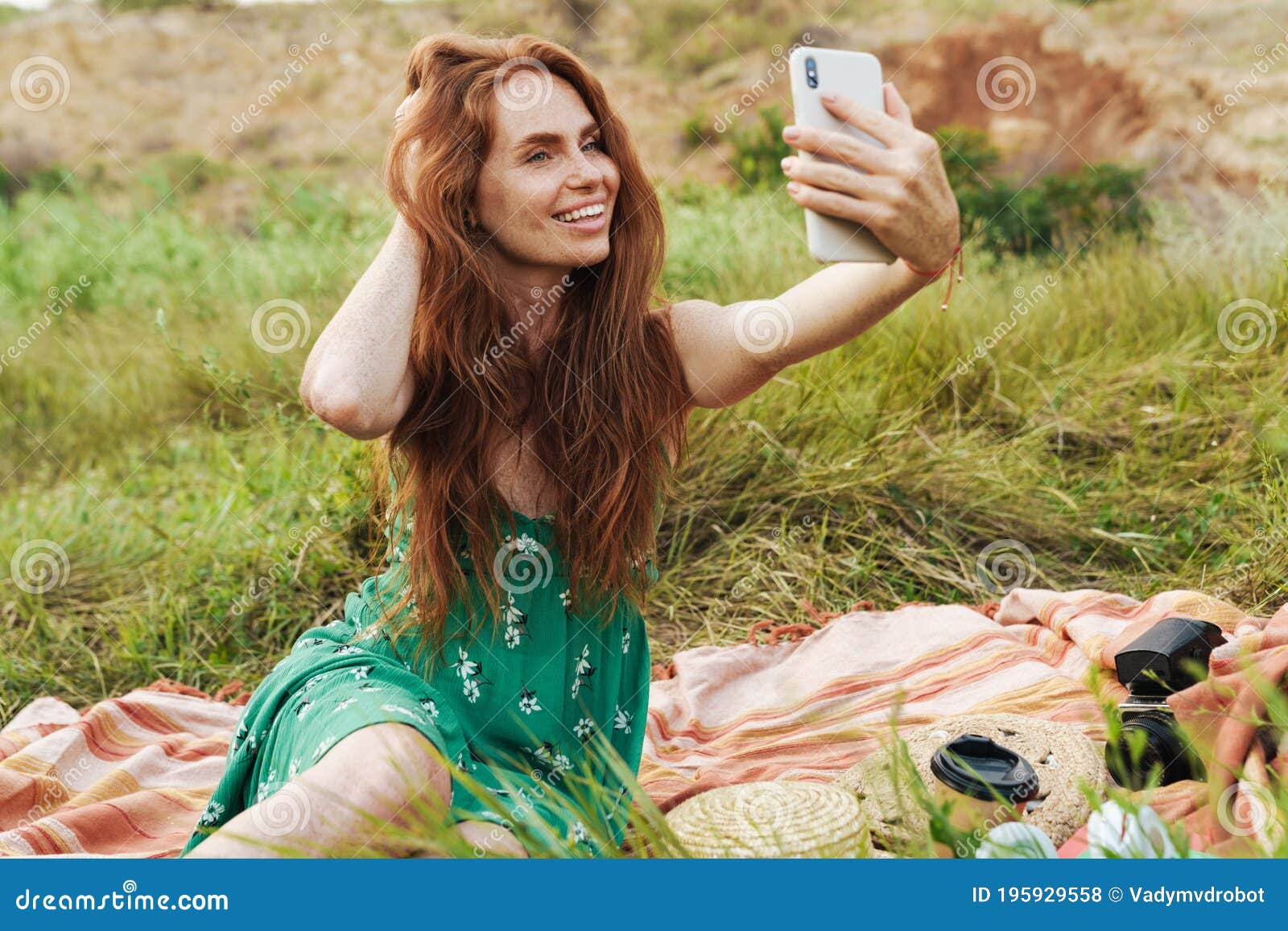 Young Smiling Girl in Summer Dress Sitting on Blanket Stock Photo ... Young Smiling Girl in Summer Dress Sitting on Blanket Stock Photo ...