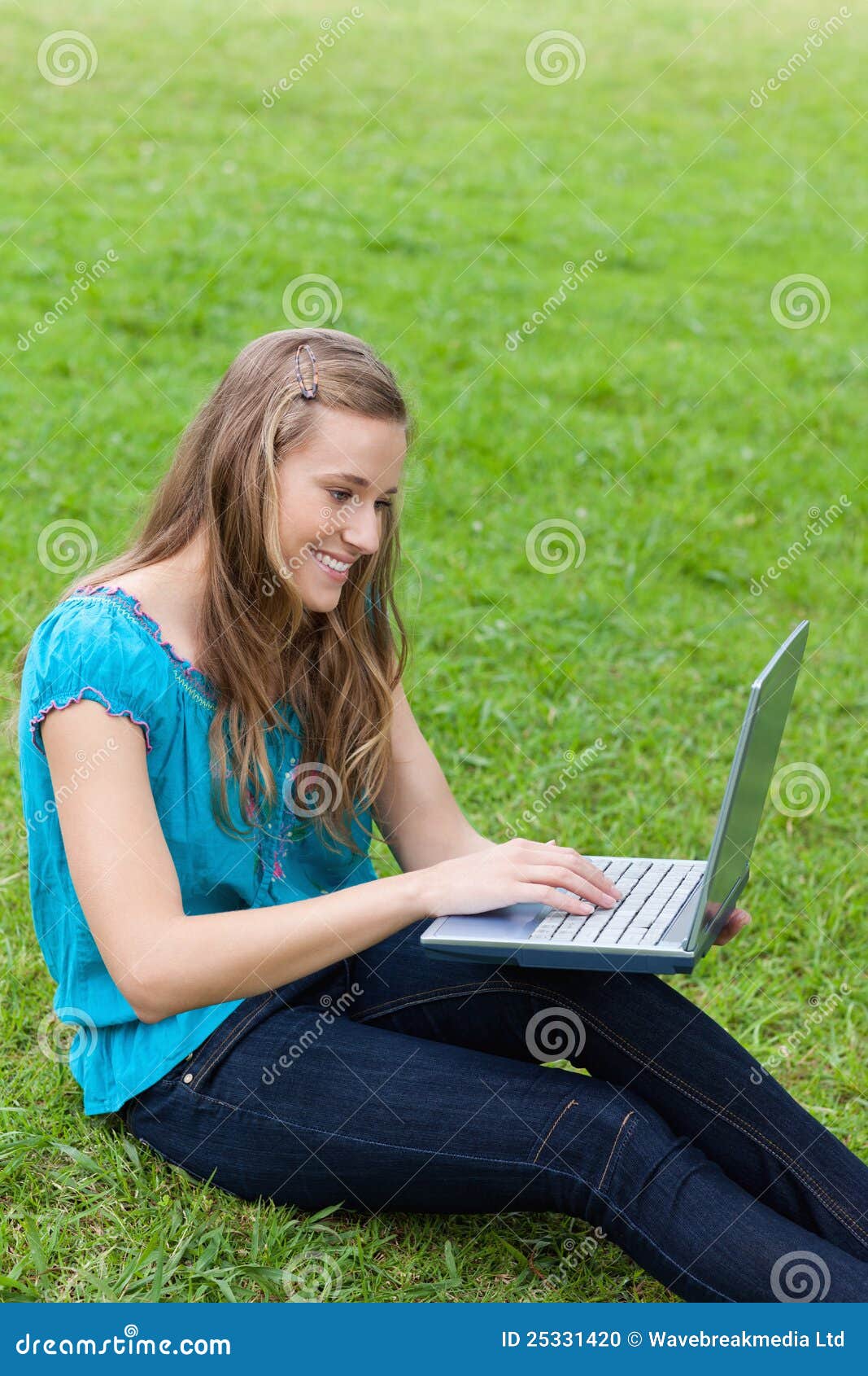 Young Smiling Girl Typing on Her Laptop Stock Photo - Image of wireless ...