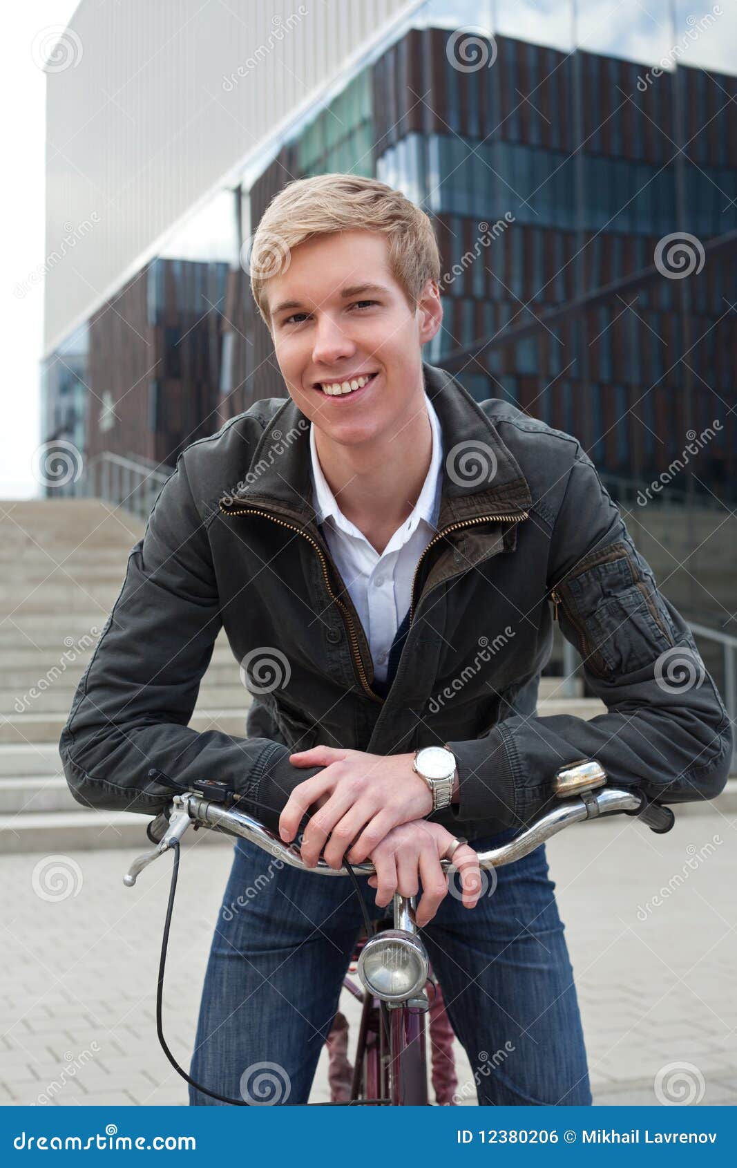 Young Smiling Man with Bicycle Stock Photo - Image of cheerful, casual ...