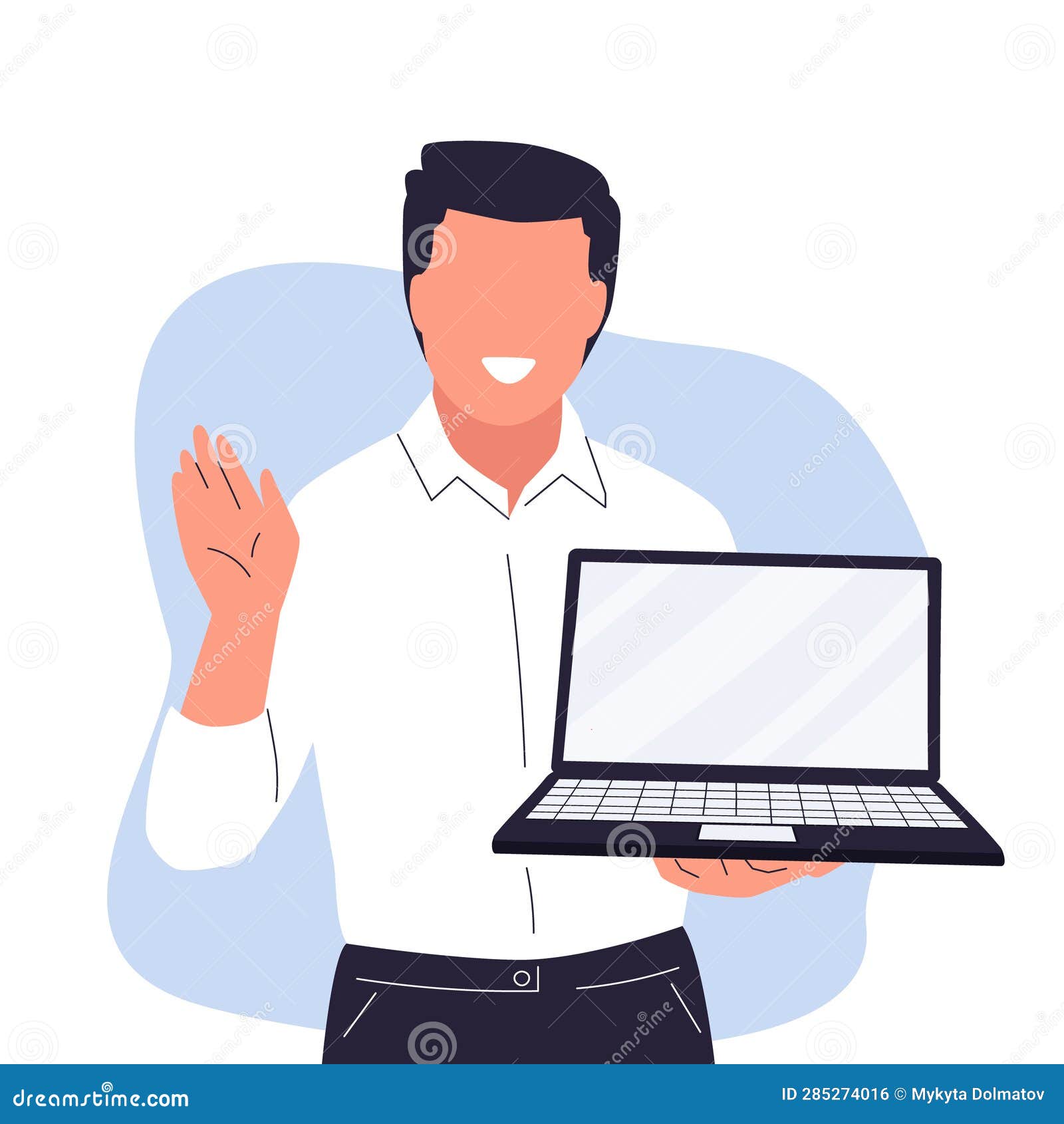 Young Smiling Man Holding and Pointing at Blank Screen Laptop Computer ...