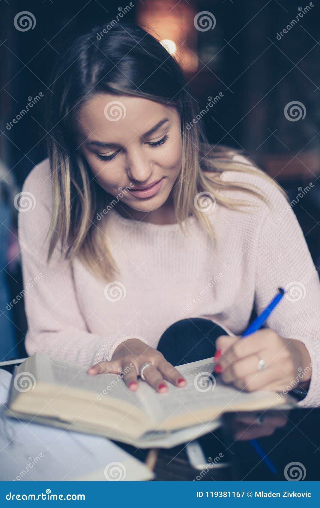 Young Students Girl Working Homework at Home. Stock Image - Image of ...