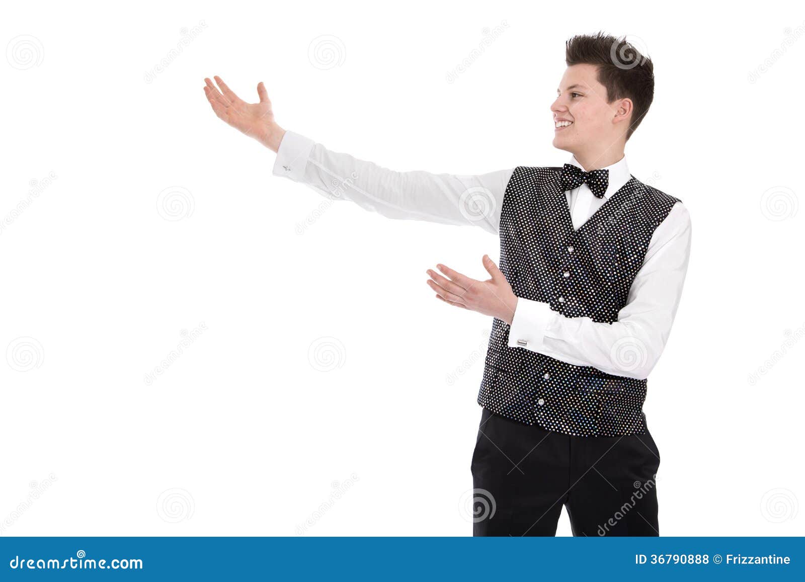 Young Smiling Waiter or Butler Gesturing Welcome - Isolated on W Stock ...