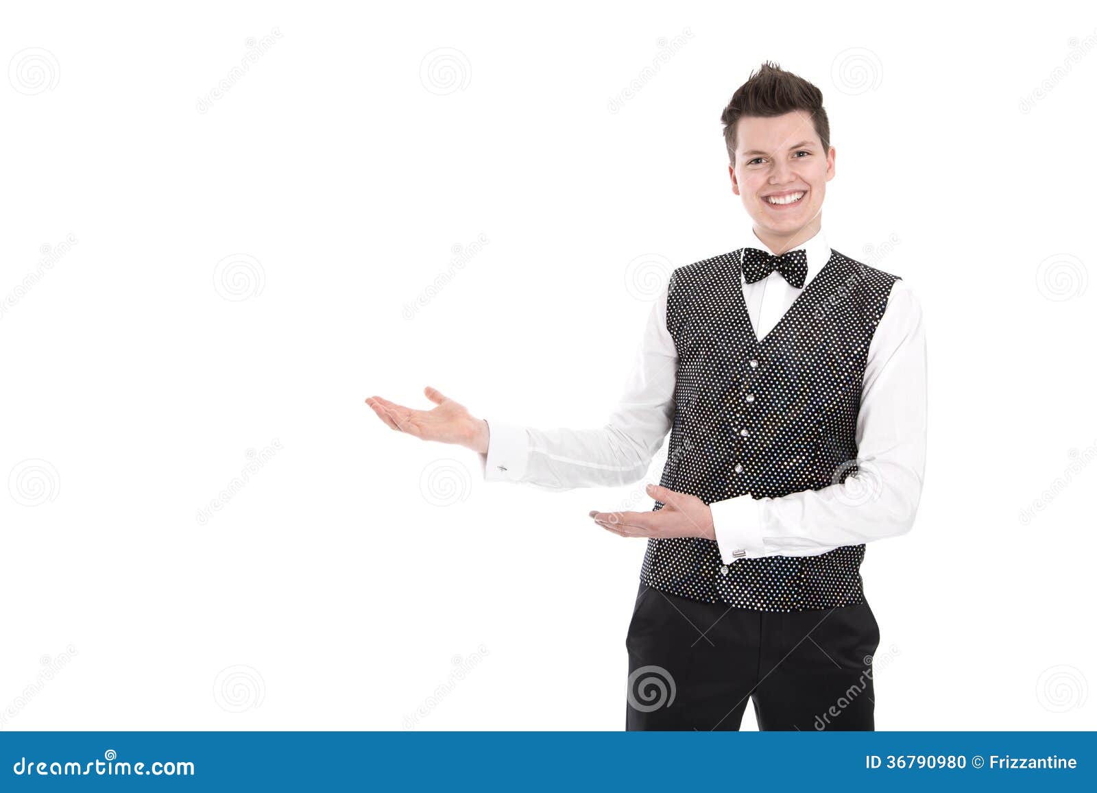 Young Smiling Waiter or Butler Gesturing Welcome - Isolated on W Stock ...