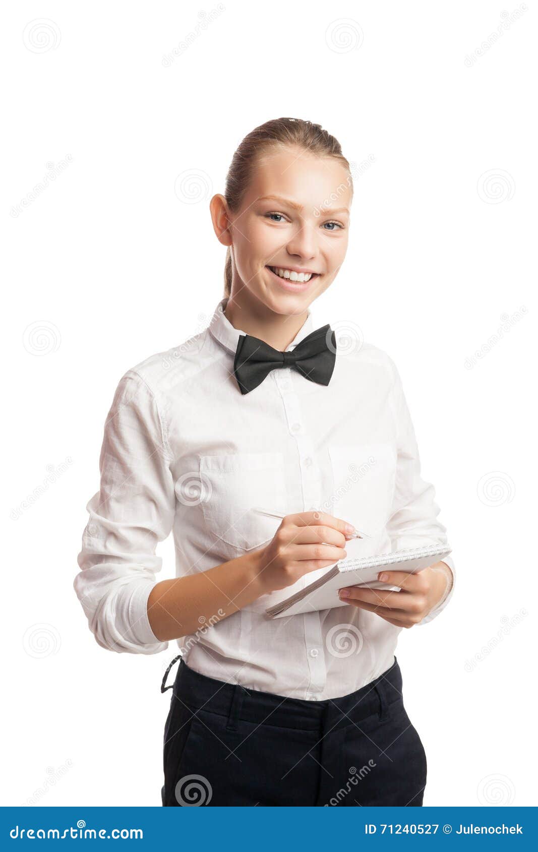 Young Smiling Waitress Taking Order with Notebook and Pencil Stock ...