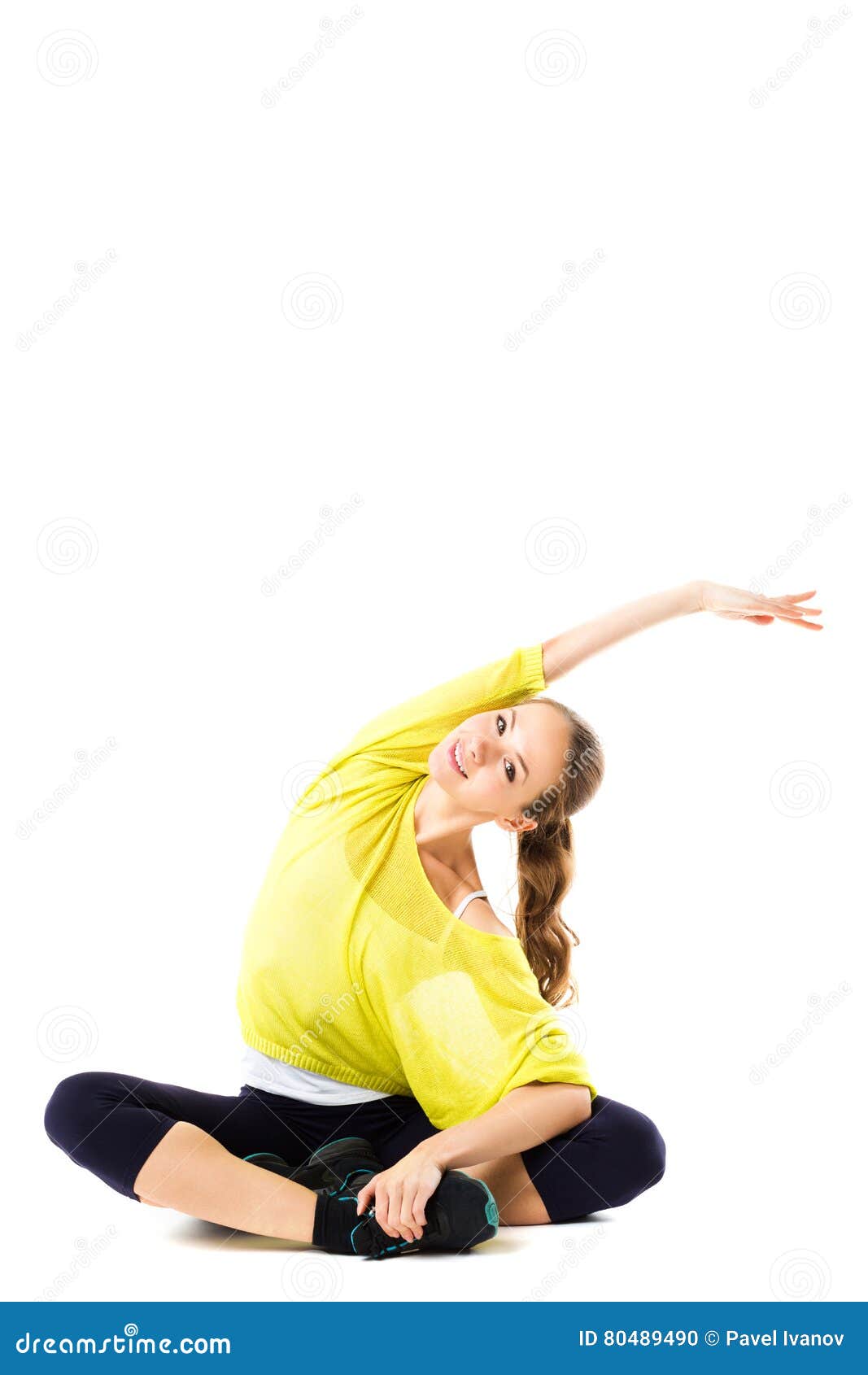 Young Smiling Woman Doing Stretching Exercises. Stock Photo - Image of ...