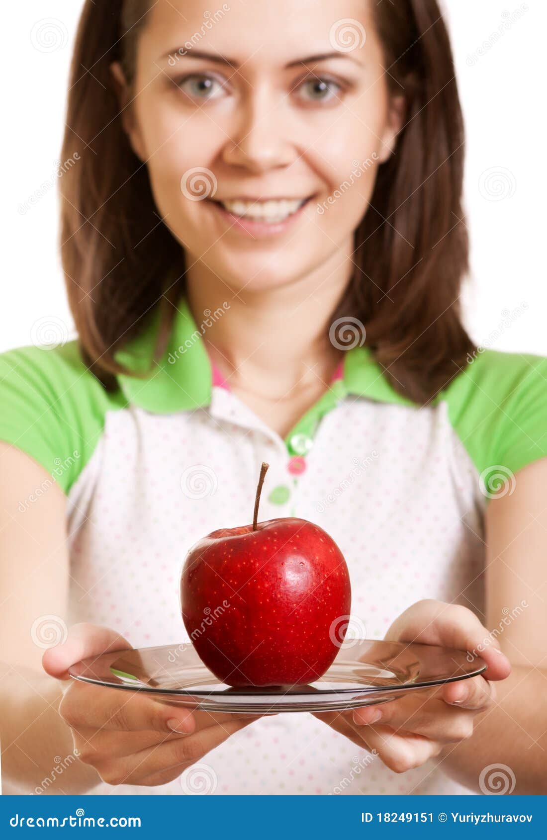 Young Smiling Woman Give Red Apple on Plate Stock Image - Image of ...