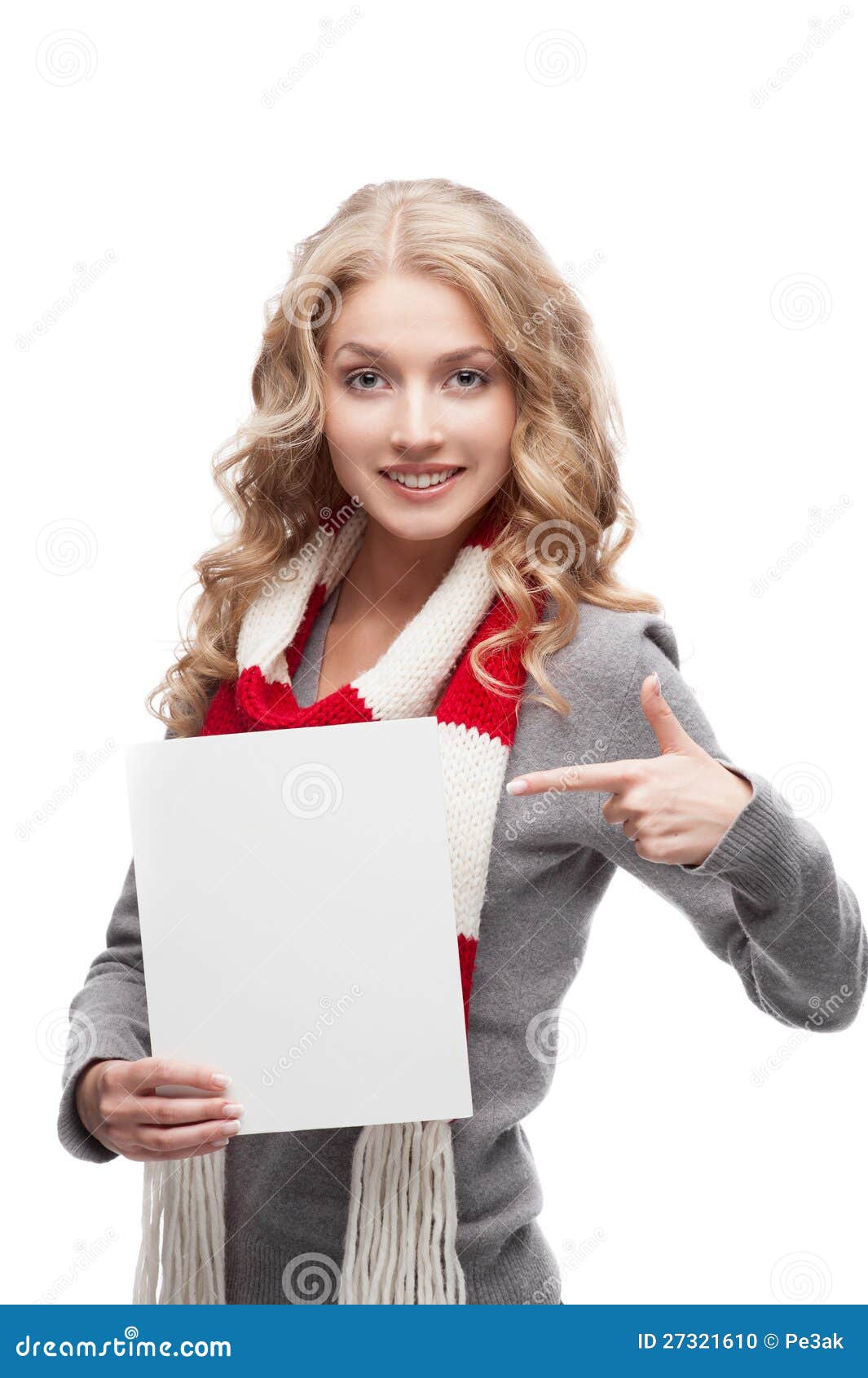 Young Smiling Woman Pointing at Sign Stock Photo - Image of light ...