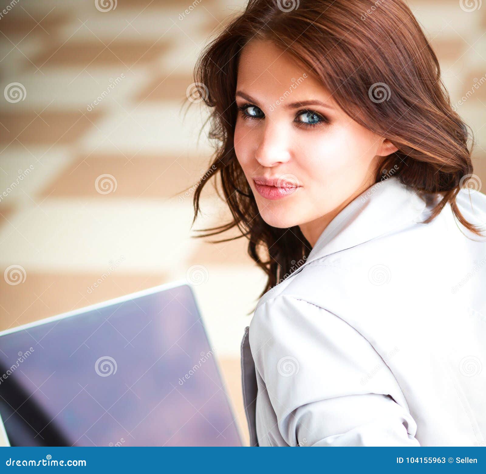 Young Smiling Woman Sitting With Laptop Computer Stock Image Image Of