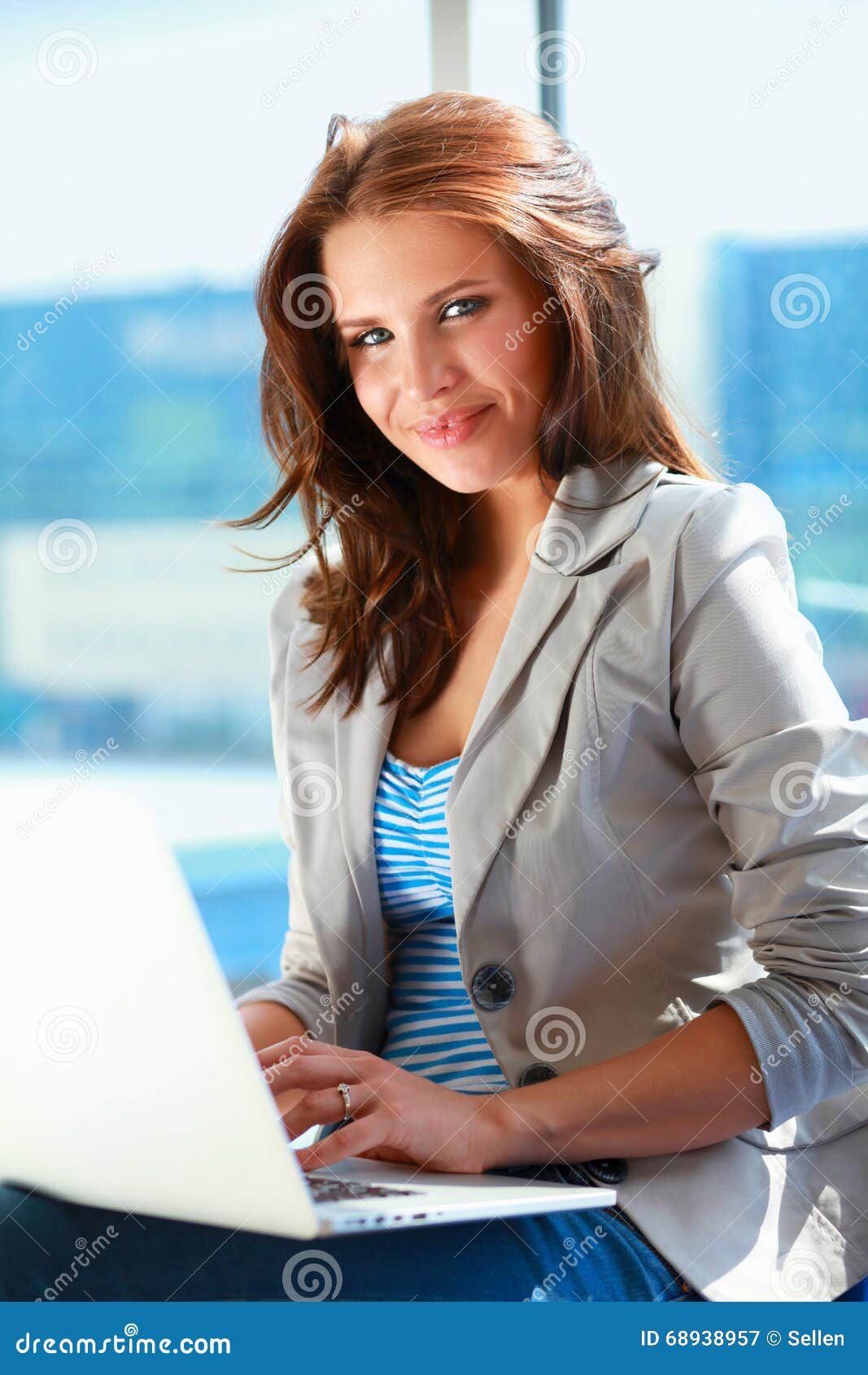 Young Smiling Woman Sitting With Laptop Computer Stock Image Image Of