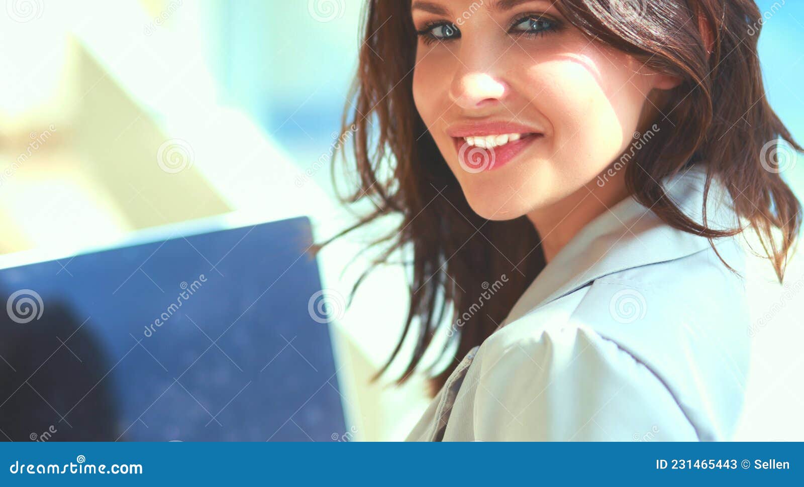 Young Smiling Woman Sitting With Laptop Computer Stock Image Image Of