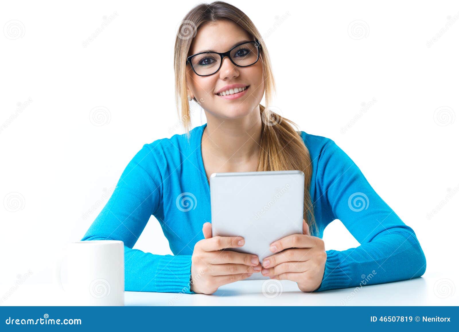 Young Smiling Woman Using Digital Tablet. Isolated on White Stock Image ...