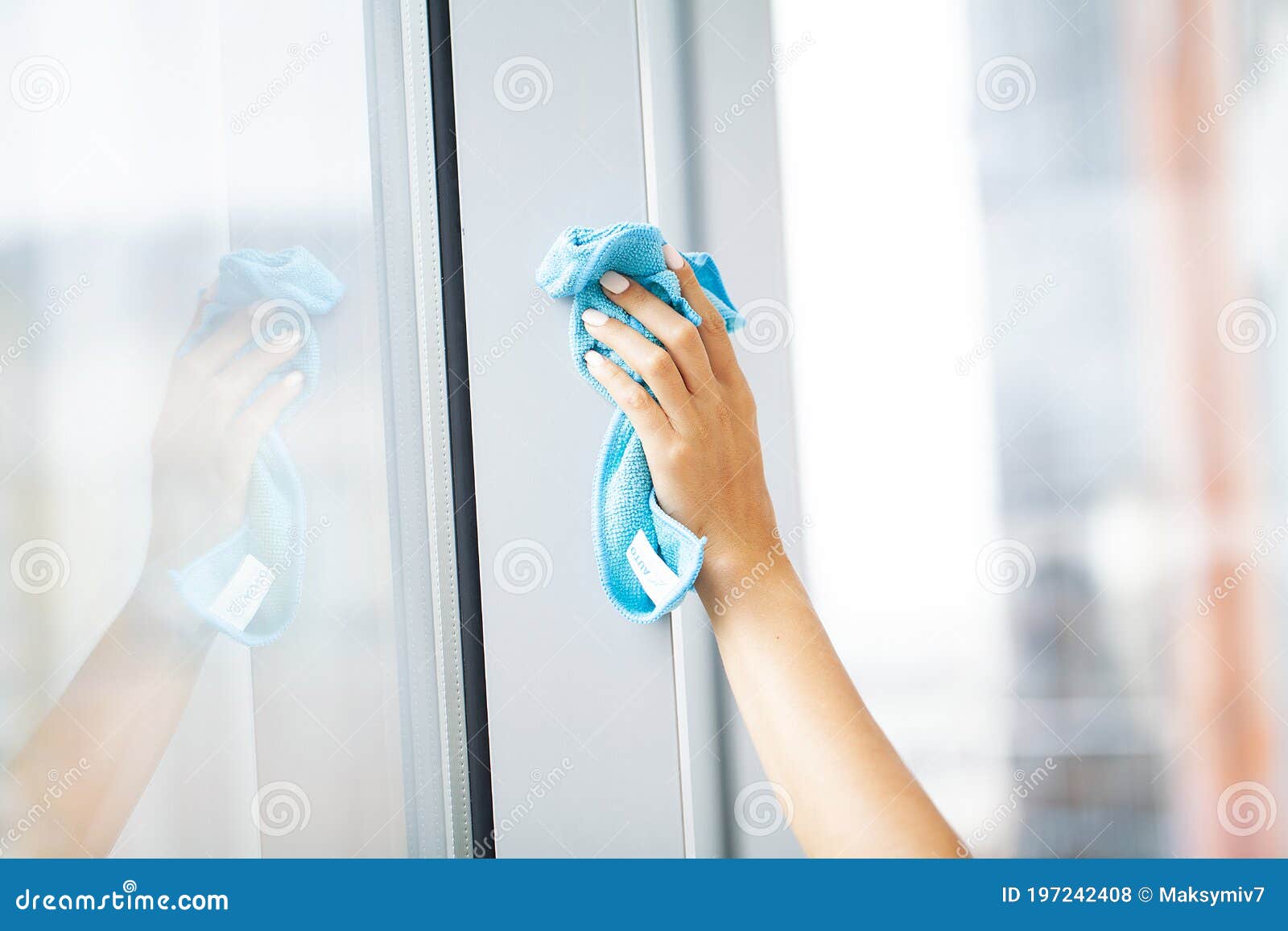 Young Smiling Woman Washing Window with Sponge Stock Photo - Image of ...