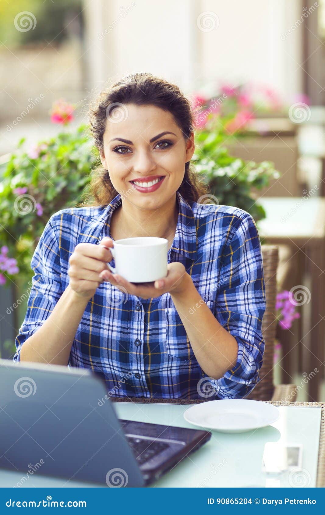 Young Smiling Woman Woking on Computer Outdoors Stock Photo - Image of ...