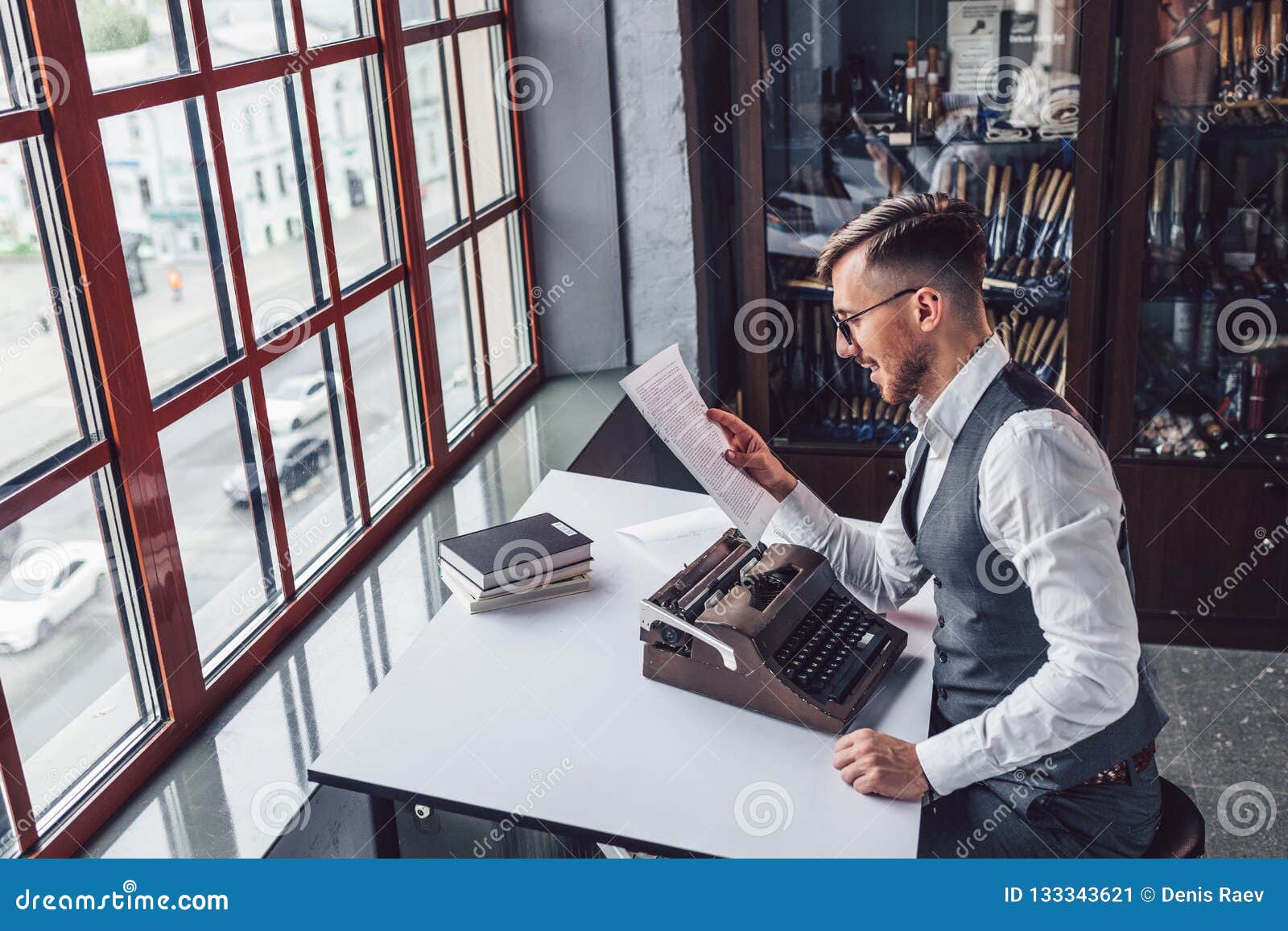 Young Smiling Writer in the Office Stock Image - Image of paper, window ...