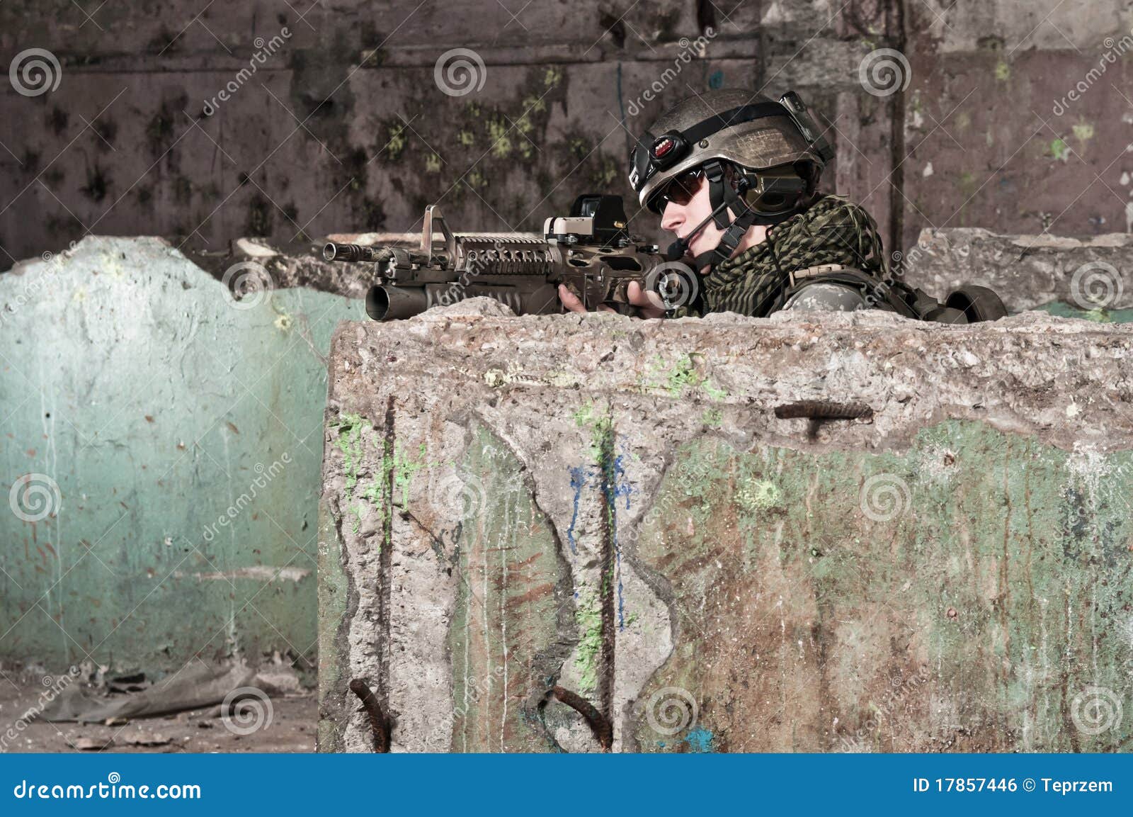 Young Soldier Behind Obstacle Stock Photo - Image of desert, ruined ...