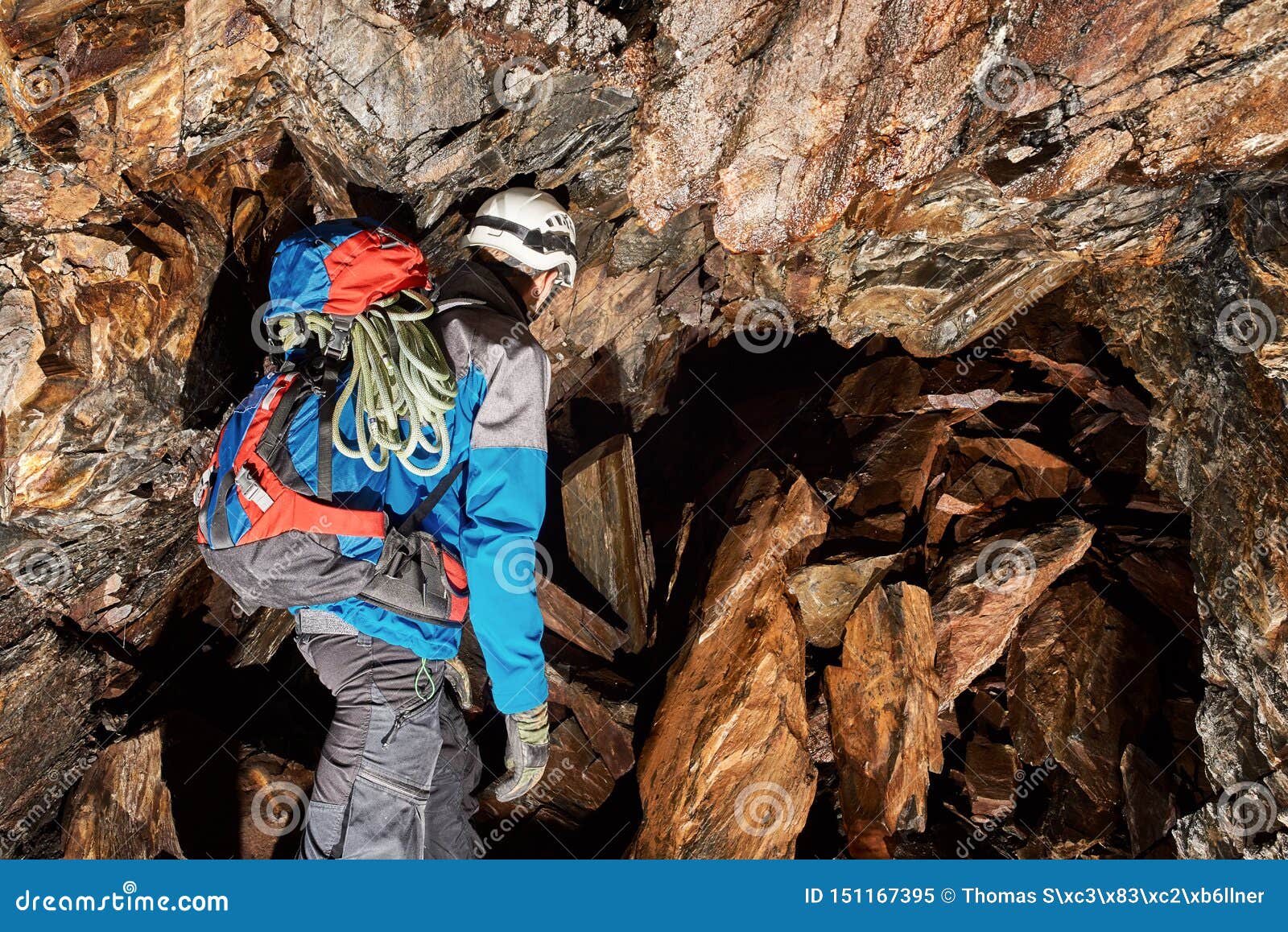 Cave Exploration with Helmet and Headlight Stock Image - Image of ...