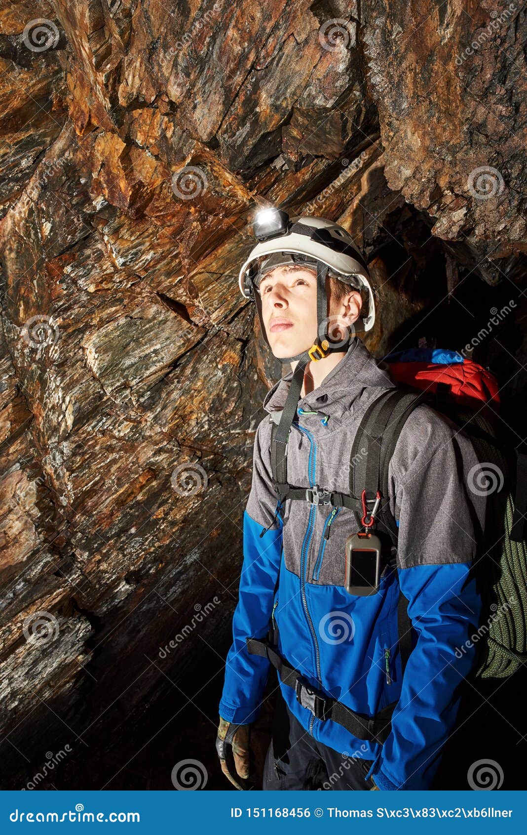 Cave Exploration with Helmet and Headlight Stock Photo - Image of light ...