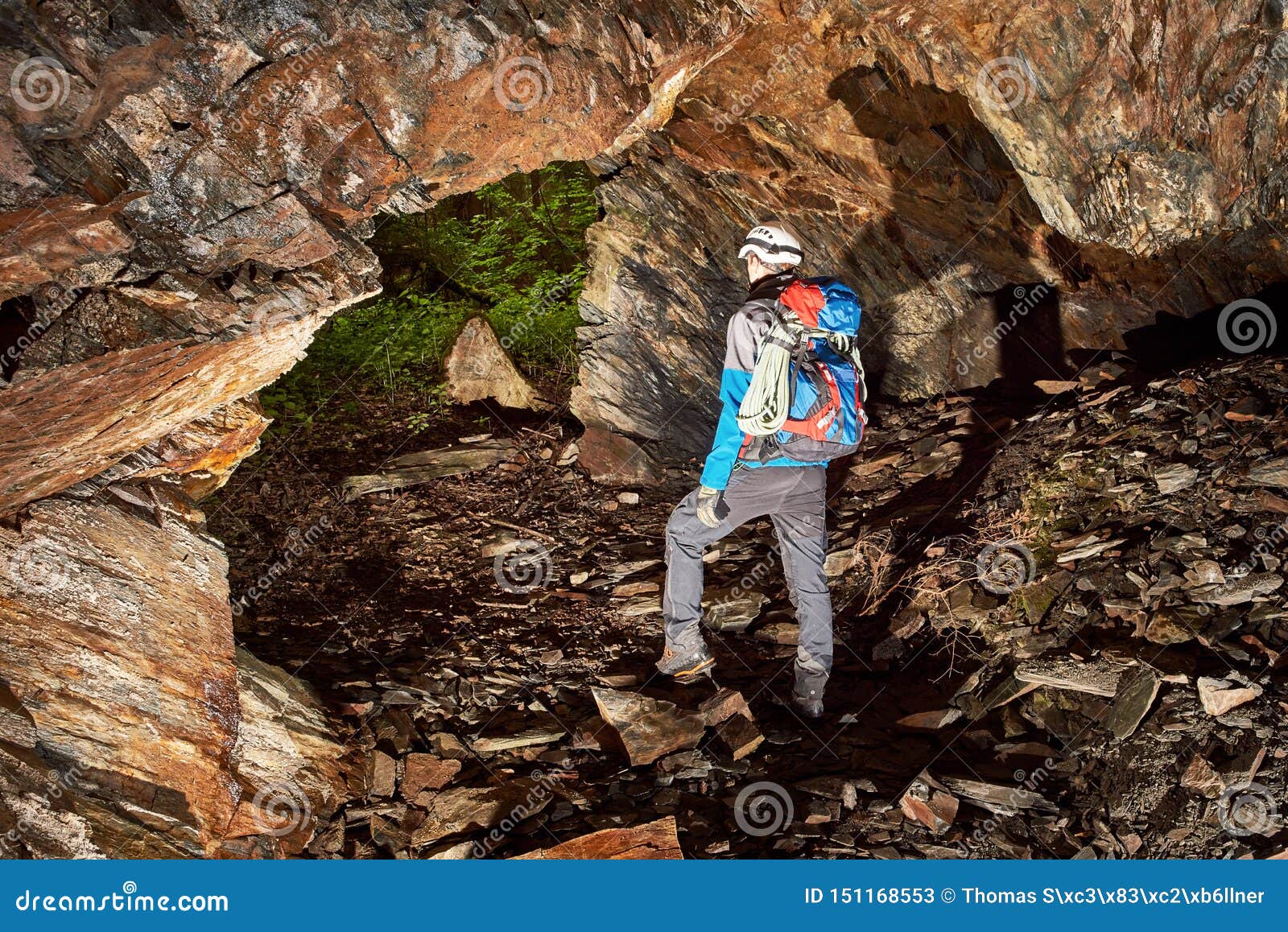 Cave Exploration with Helmet and Headlight Stock Image - Image of ...